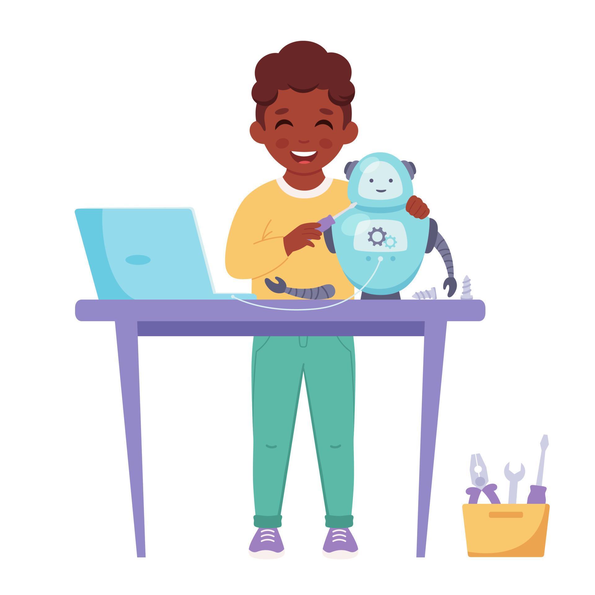 Little black boy creating a robot. Robotics, programming and ...