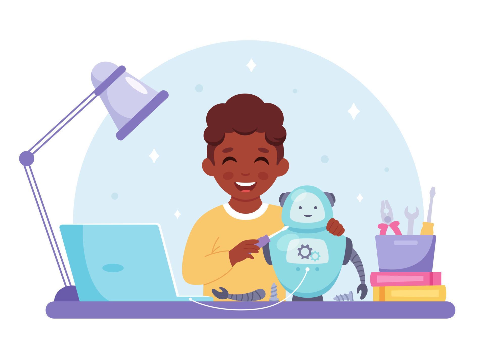 Little black boy creating a robot. Robotics, programming and ...
