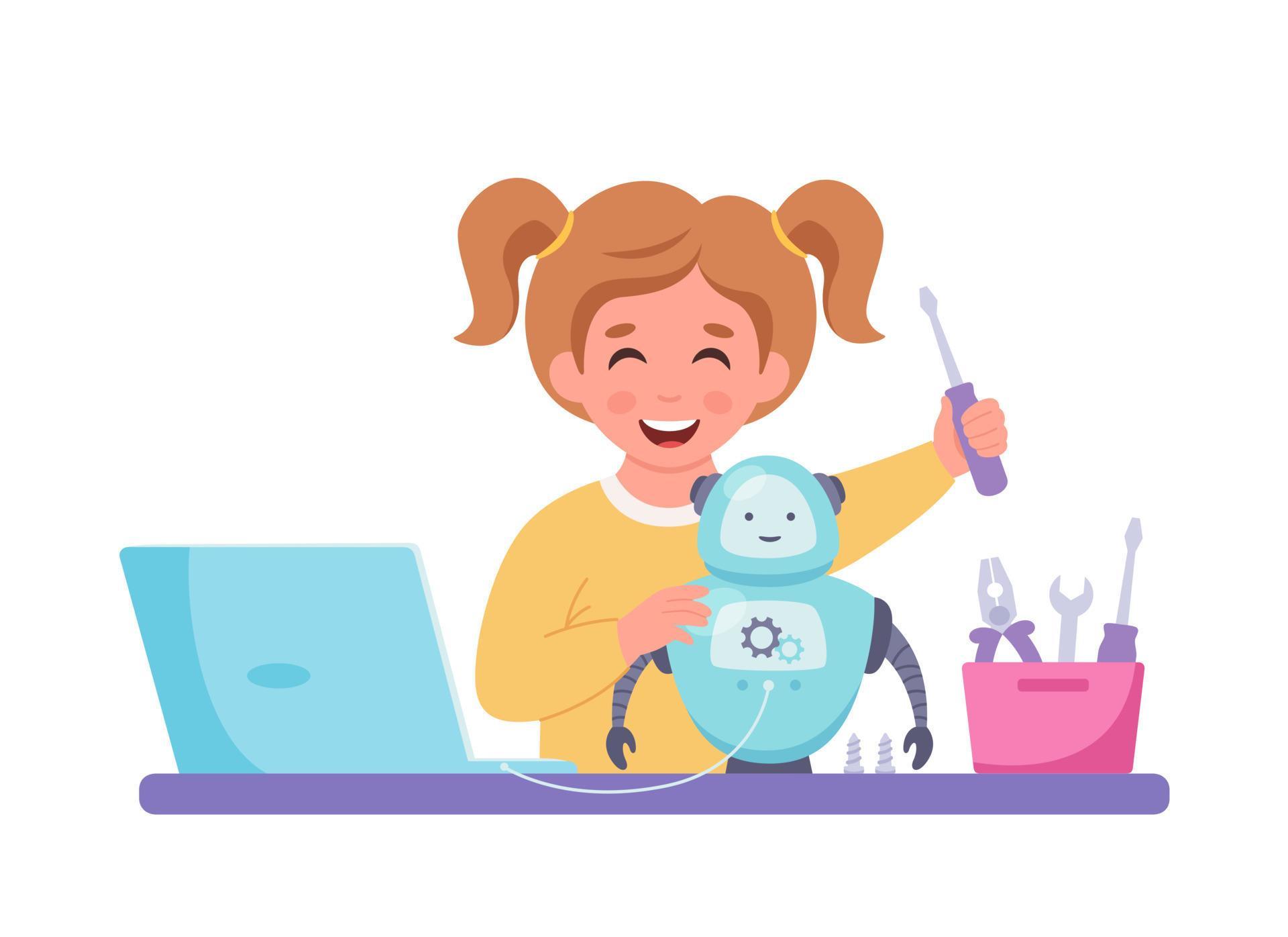 Little girl building a robot. Robotics, programming and engineering for ...