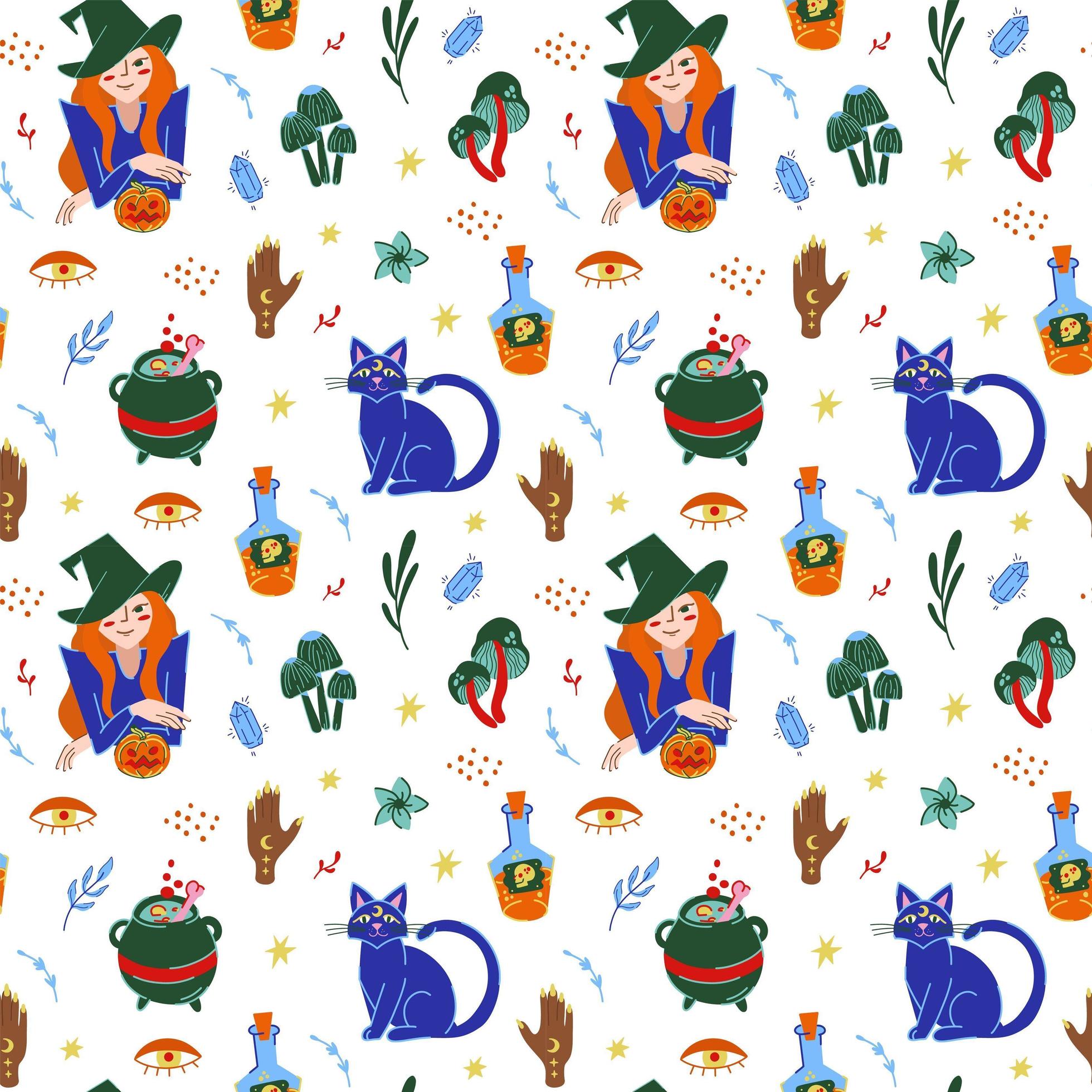 Witch And Cat Mushrooms And Poison Seamless Pattern Halooween Vector Background Witchcraft
