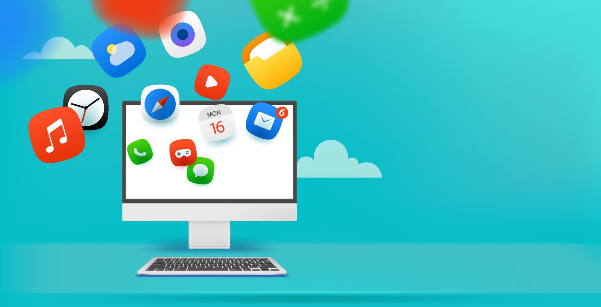 Using different internet applications on pc. Horizontal vector banner ...