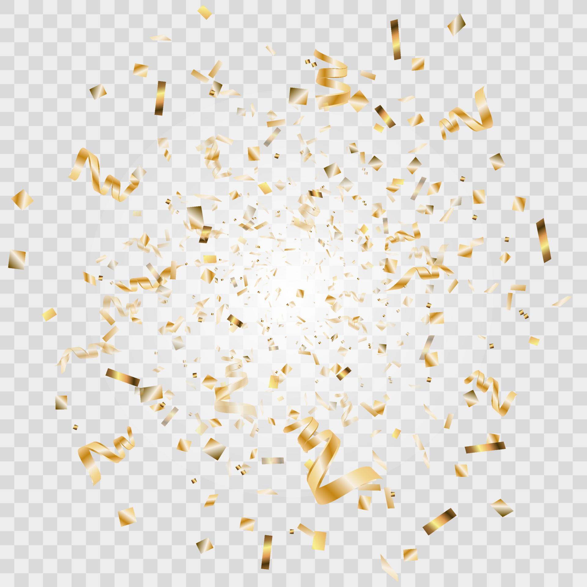 Confetti and streamer ribbon falling on transparent background. Falling shiny gold confetti ...