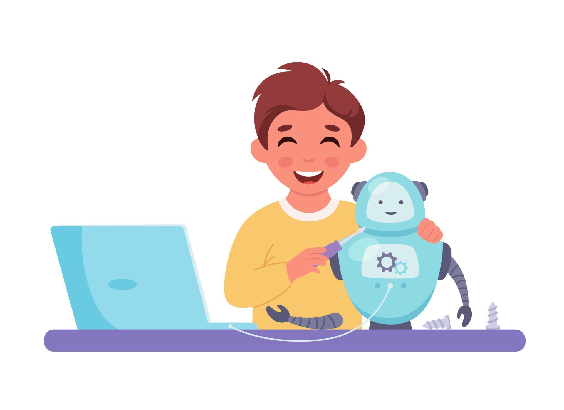 Little boy creating a robot. Robotics, programming and engineering for ...