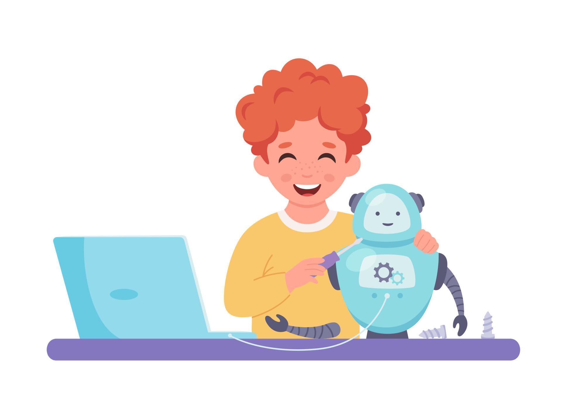 Little boy creating a robot. Robotics, programming and engineering for ...