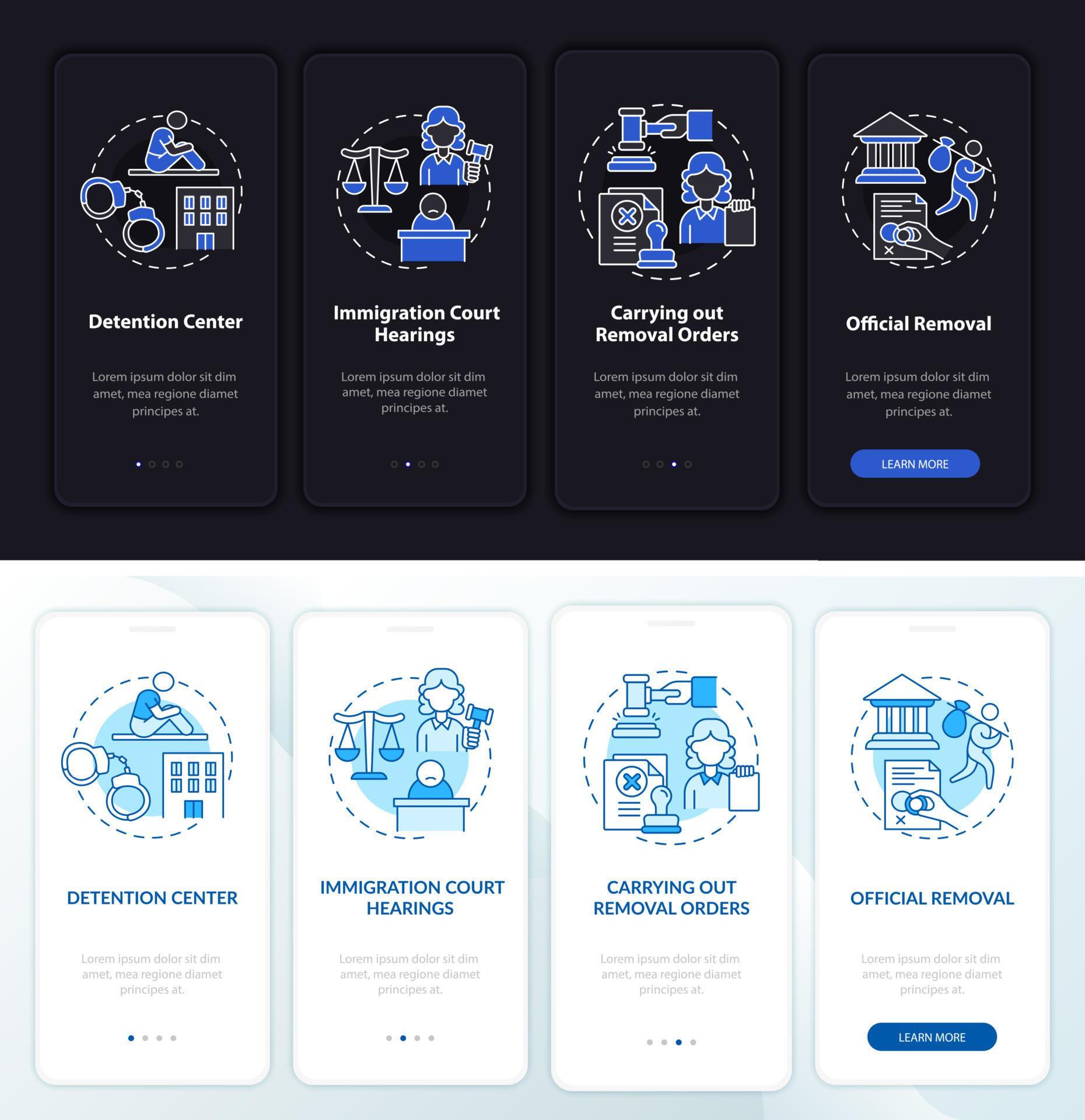 Deportation steps onboarding mobile app page screen. Official removal walkthrough 4 steps ...