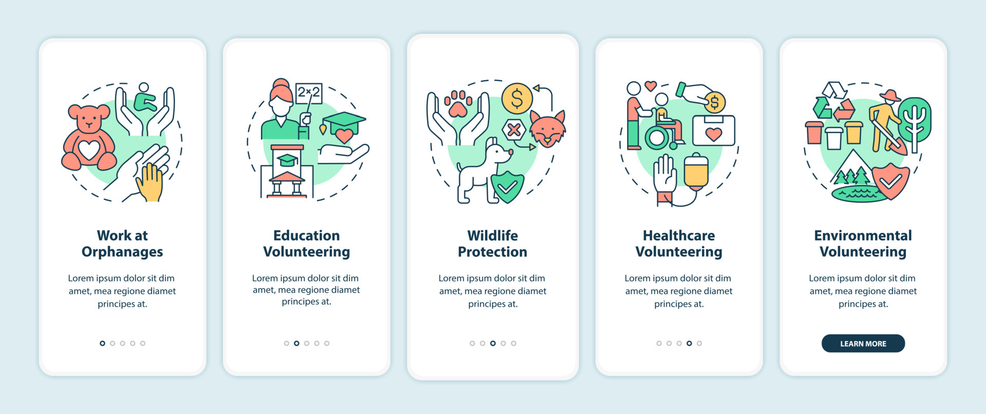 Volunteering Types Onboarding Mobile App Page Screen Charity Support