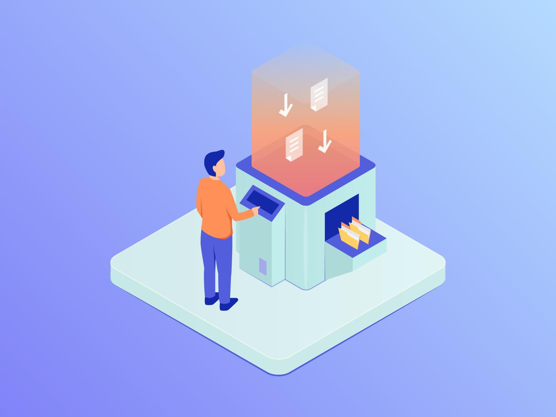 download data concept with man downloading document folder on machine ...