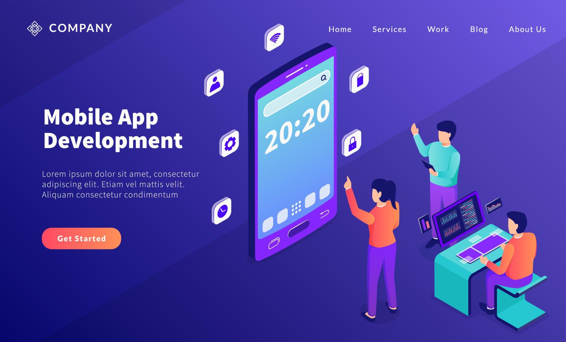 mobile app development with team developer and big smartphone icon for ...