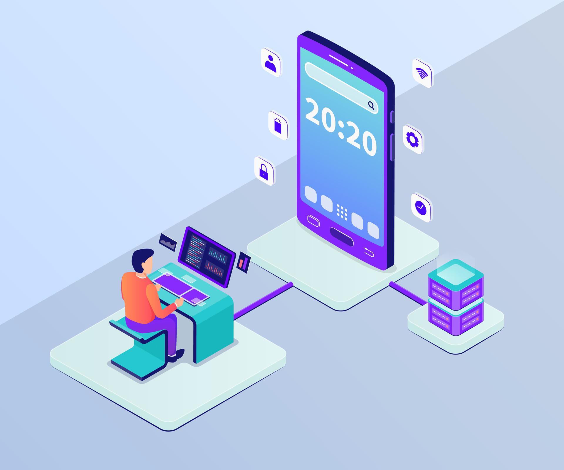 mobile apps development concept with man programmer developer with big ...