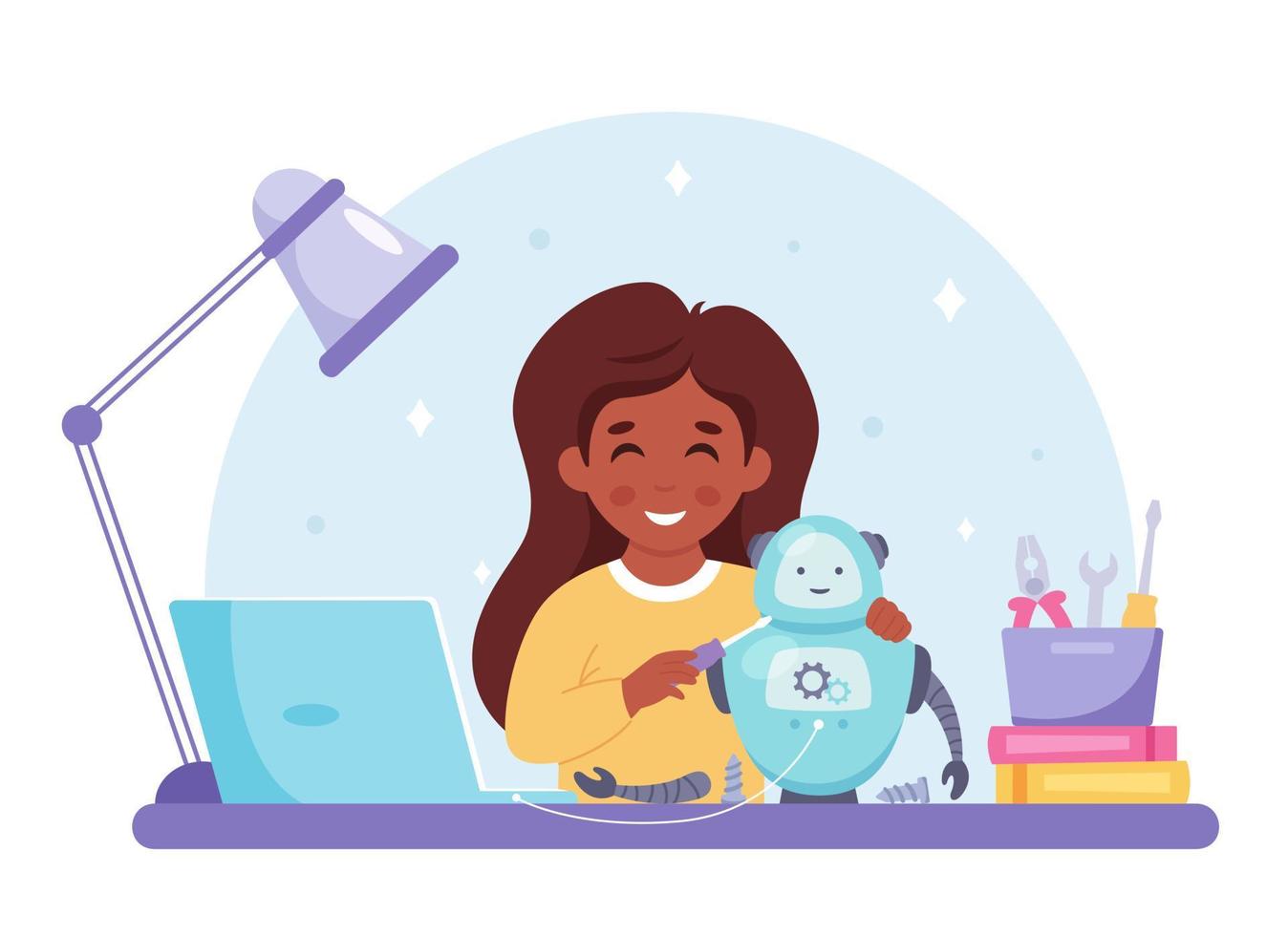 Little girl building a robot. Robotics, programming and engineering for ...