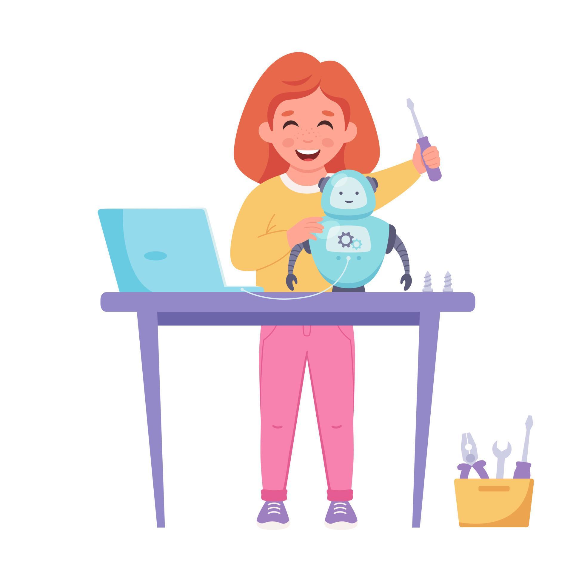 Little girl building a robot. Robotics, programming and engineering for ...