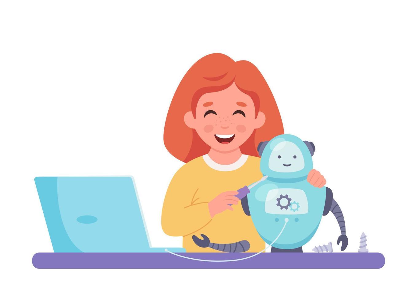 Little girl building a robot. Robotics, programming and engineering for ...