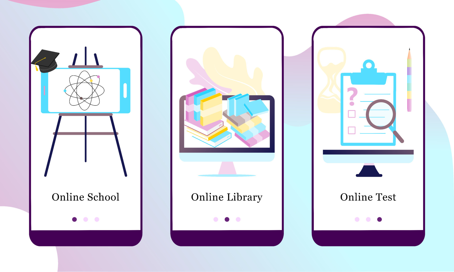 Online Education Mobile App Onboarding Screens Online School Online Library Online Test Menu