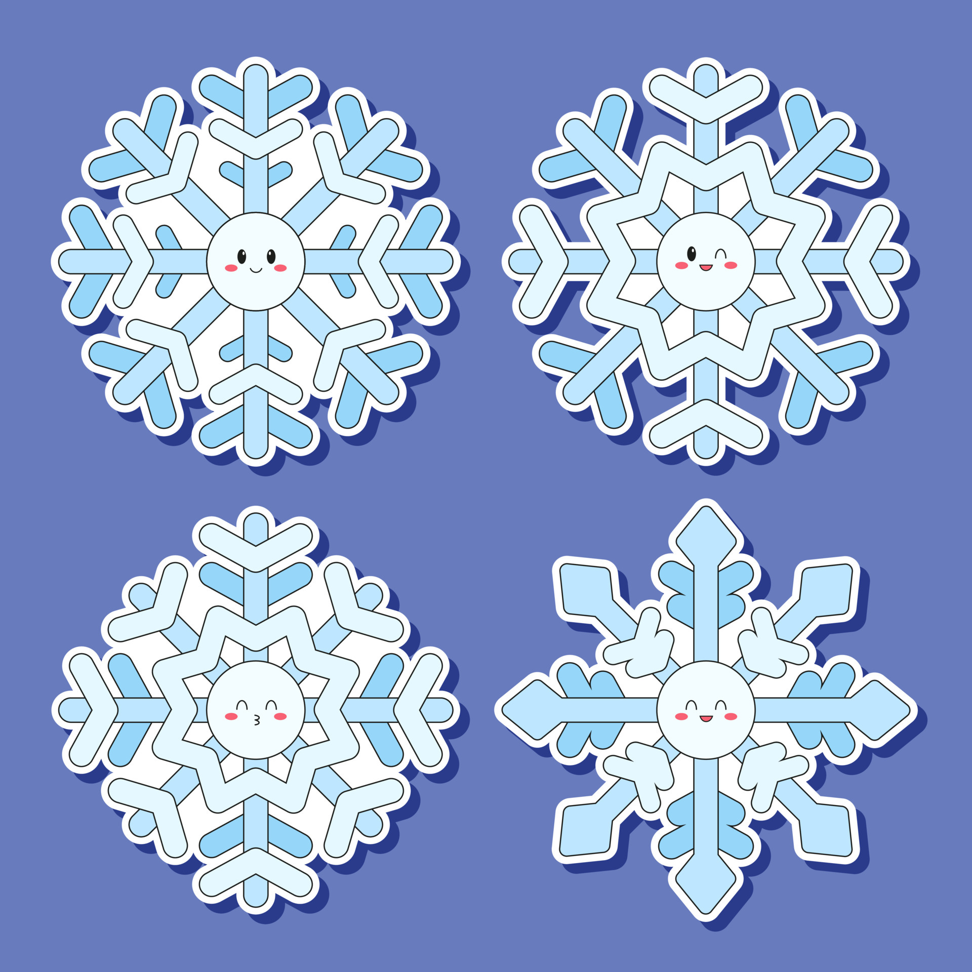 Set of cute snowflake characters in kawaii style. Faces of snowflakes ...