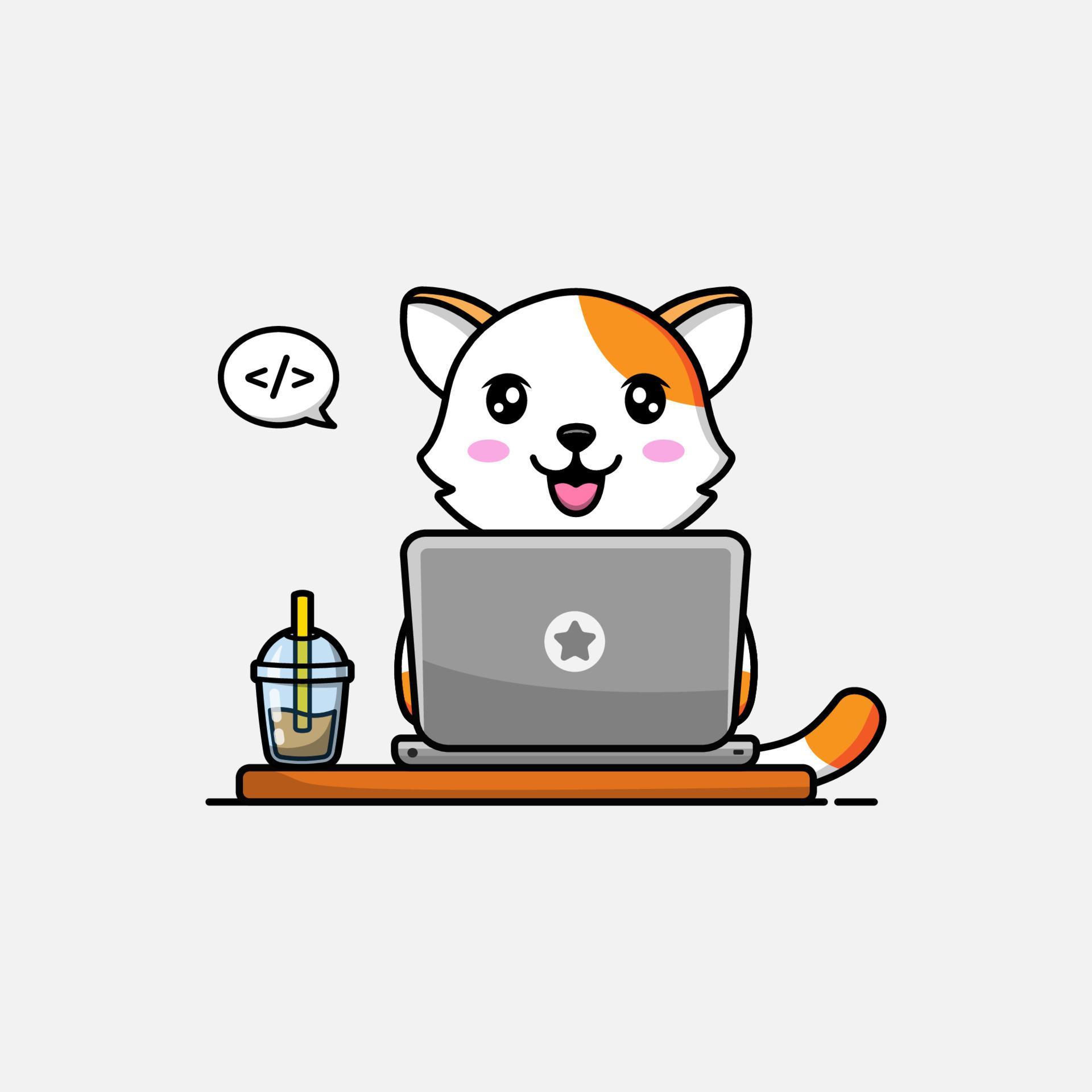 Cute cat working in front of computer 4759708 Vector Art at Vecteezy