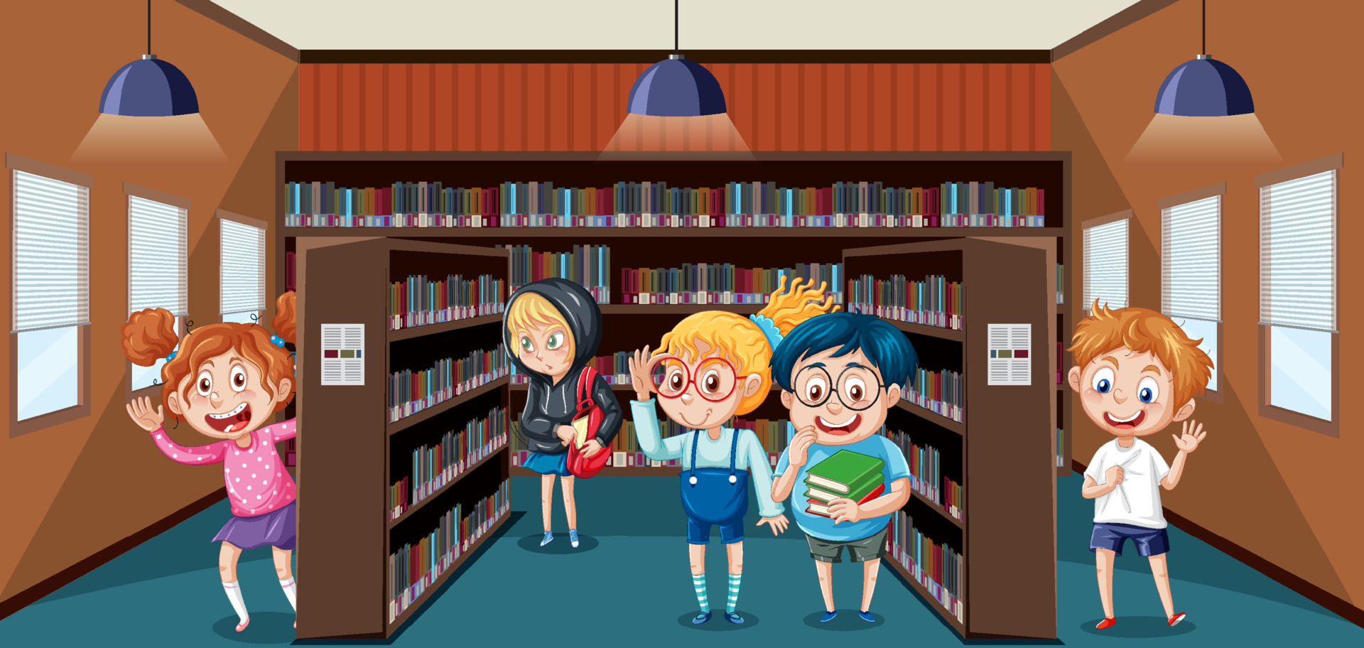 School library scene with happy children 4760490 Vector Art at Vecteezy
