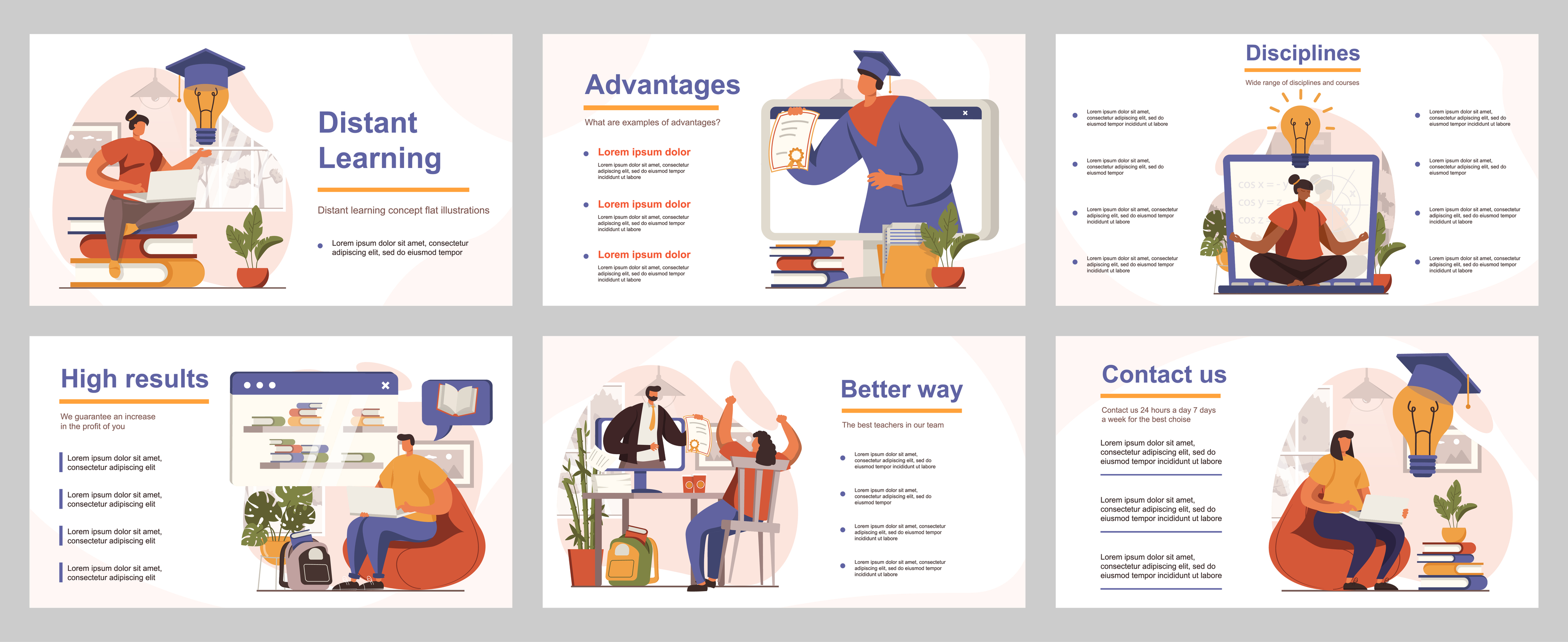 Distant learning concept for presentation slide template. People ...