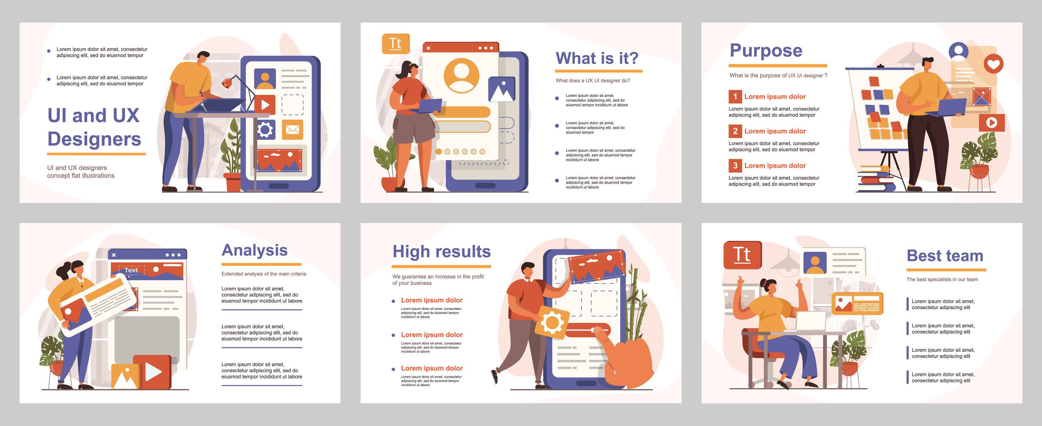 UI and UX designers concept for presentation slide template. People developers create and ...