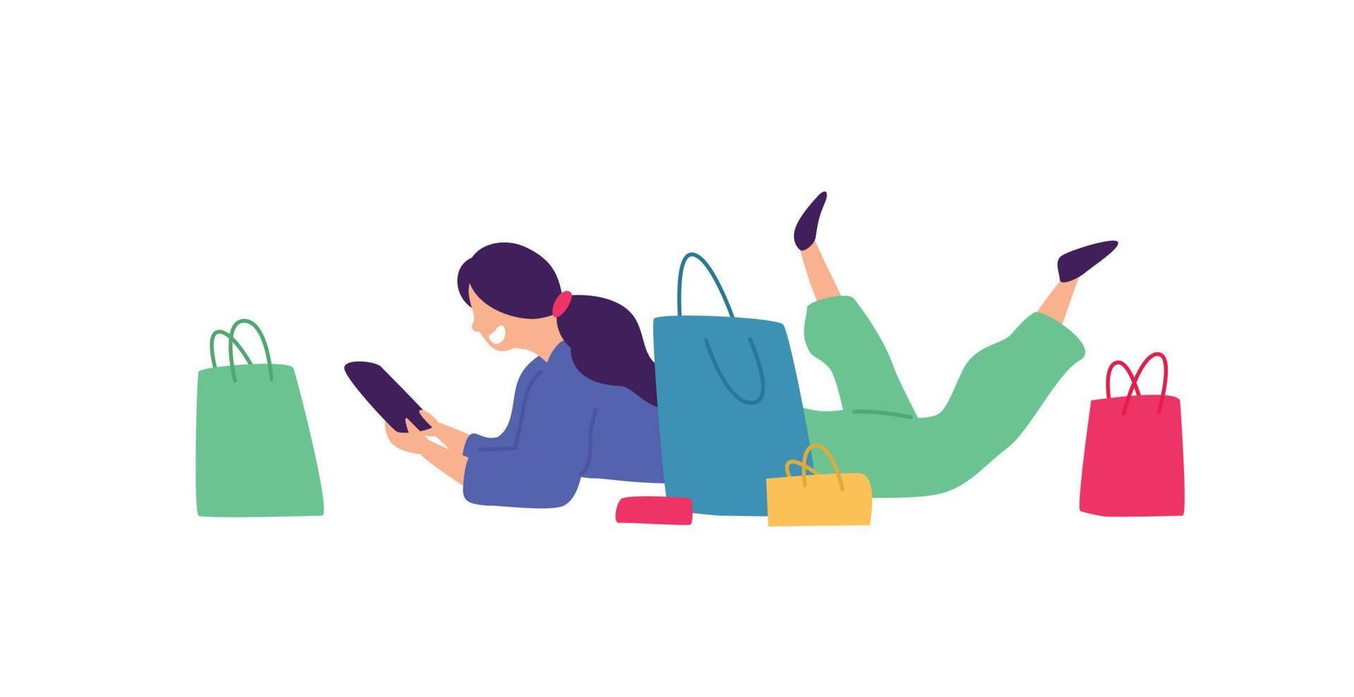 Ilustración De Una Niña Con Compras Vector Ilustración Plana Positiva En Estilo De Dibujos