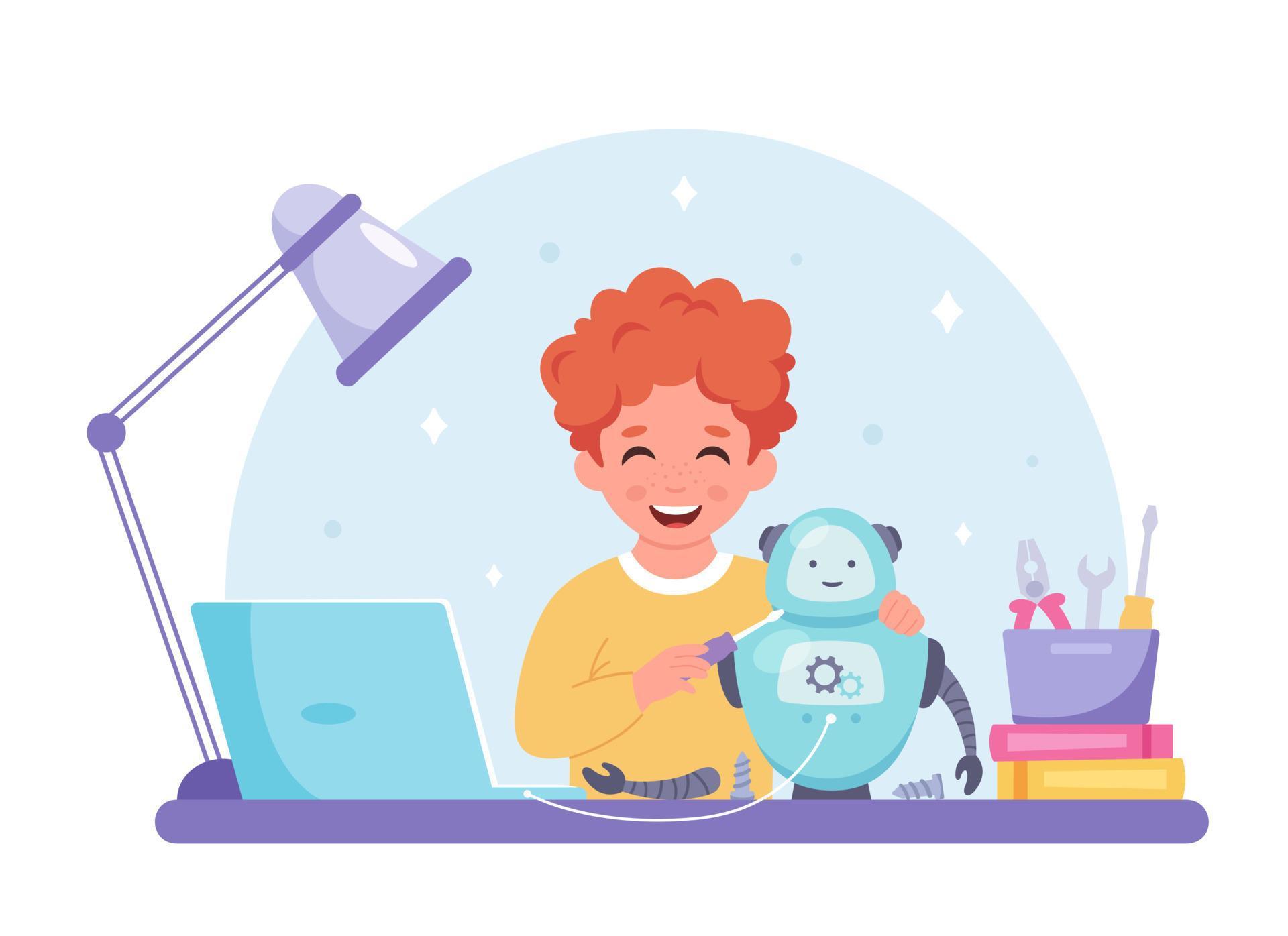 Little boy creating a robot. Robotics, programming and engineering for ...