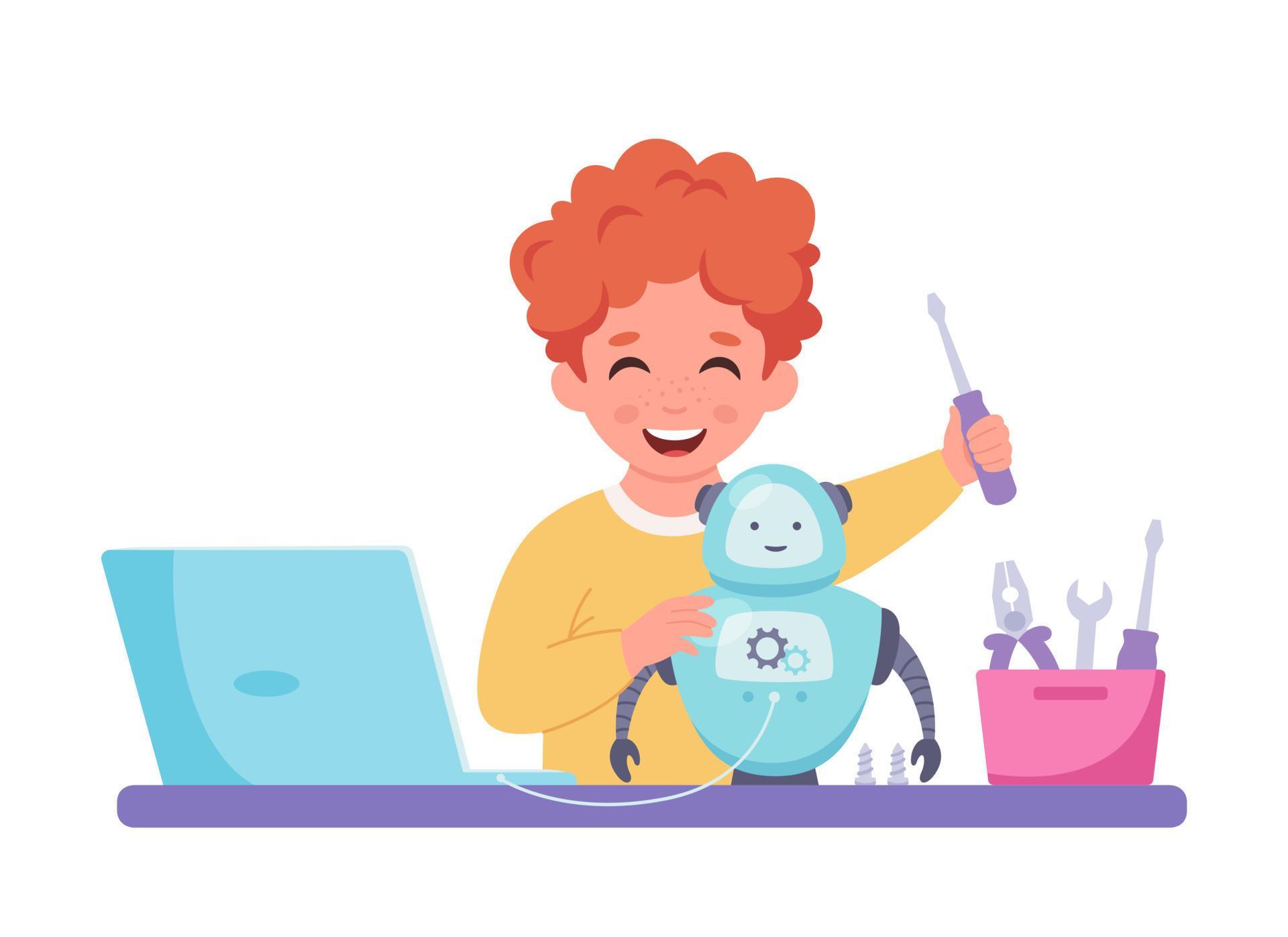 Little boy creating a robot. Robotics, programming and engineering for ...