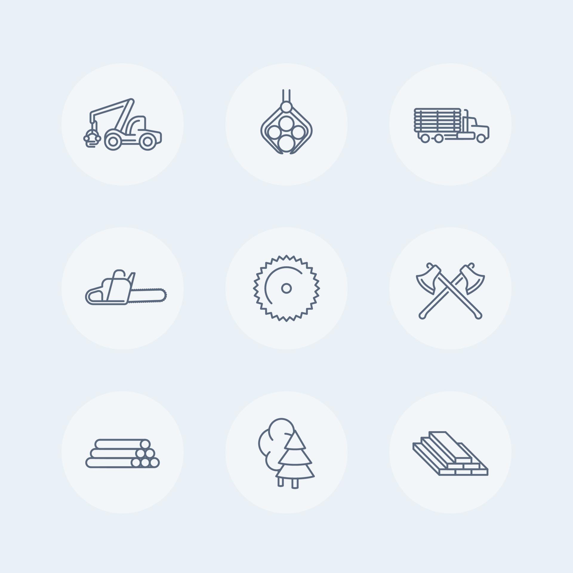 Logging line icons, forestry, timber, tree harvester, logging truck ...