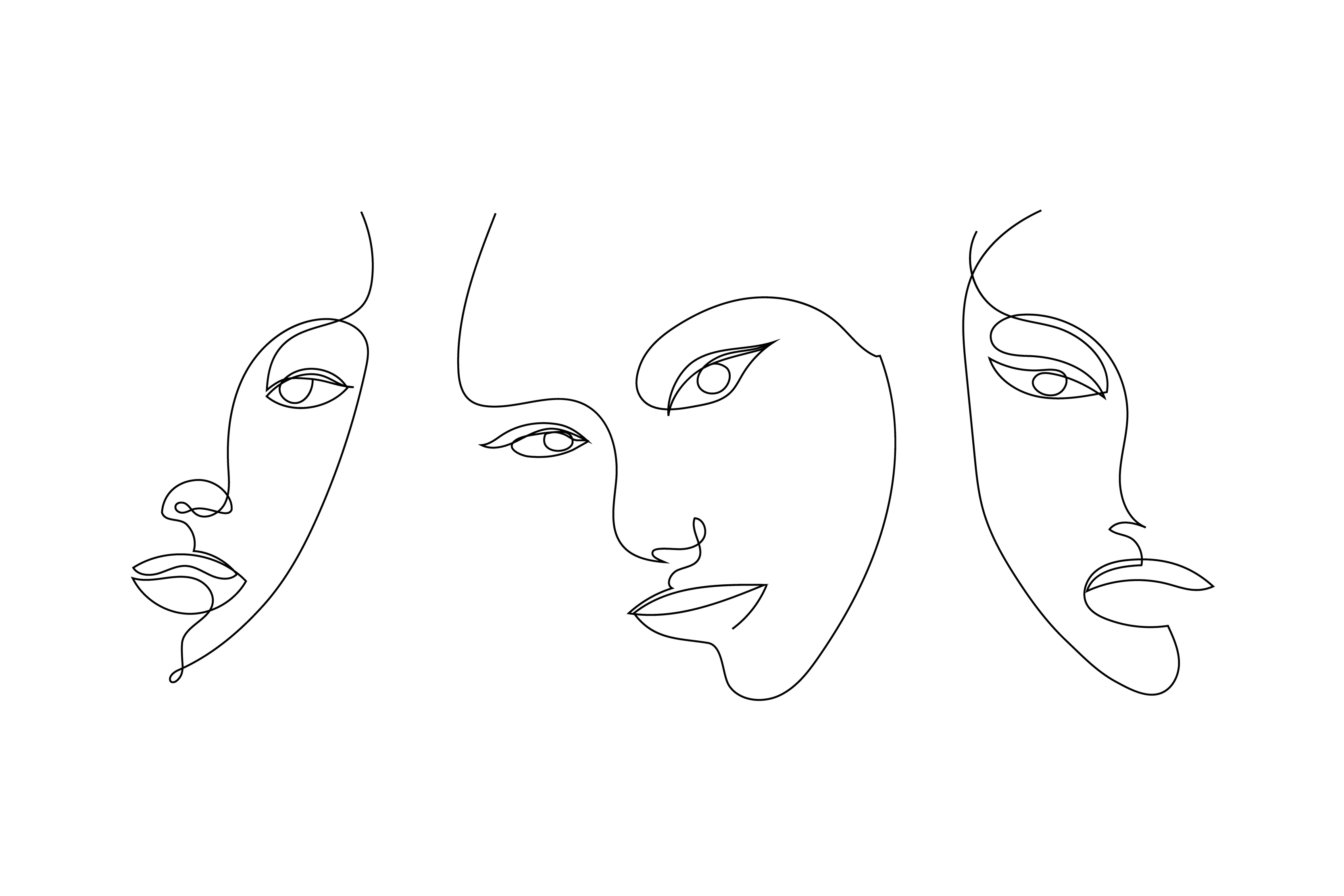 Vector set of hand drawn linear art, woman faces, continuous line ...