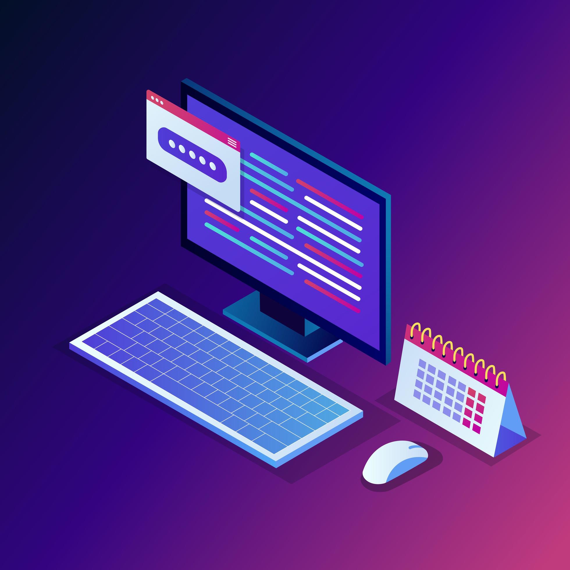 Working process. 3d isometric office workplace with computer, pc ...