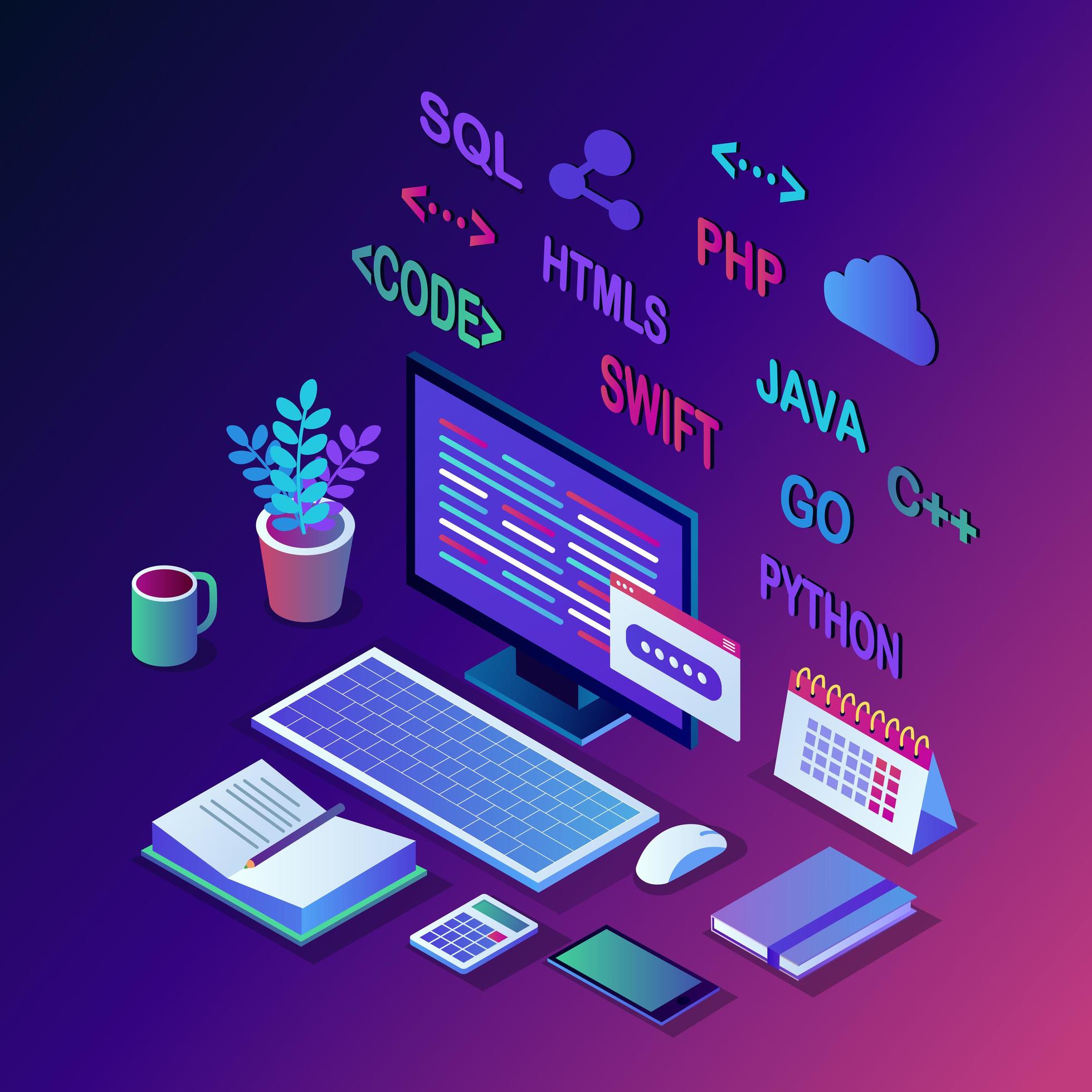 Software Development Programming Language Coding 3d Isometric Pc Computer With Digital