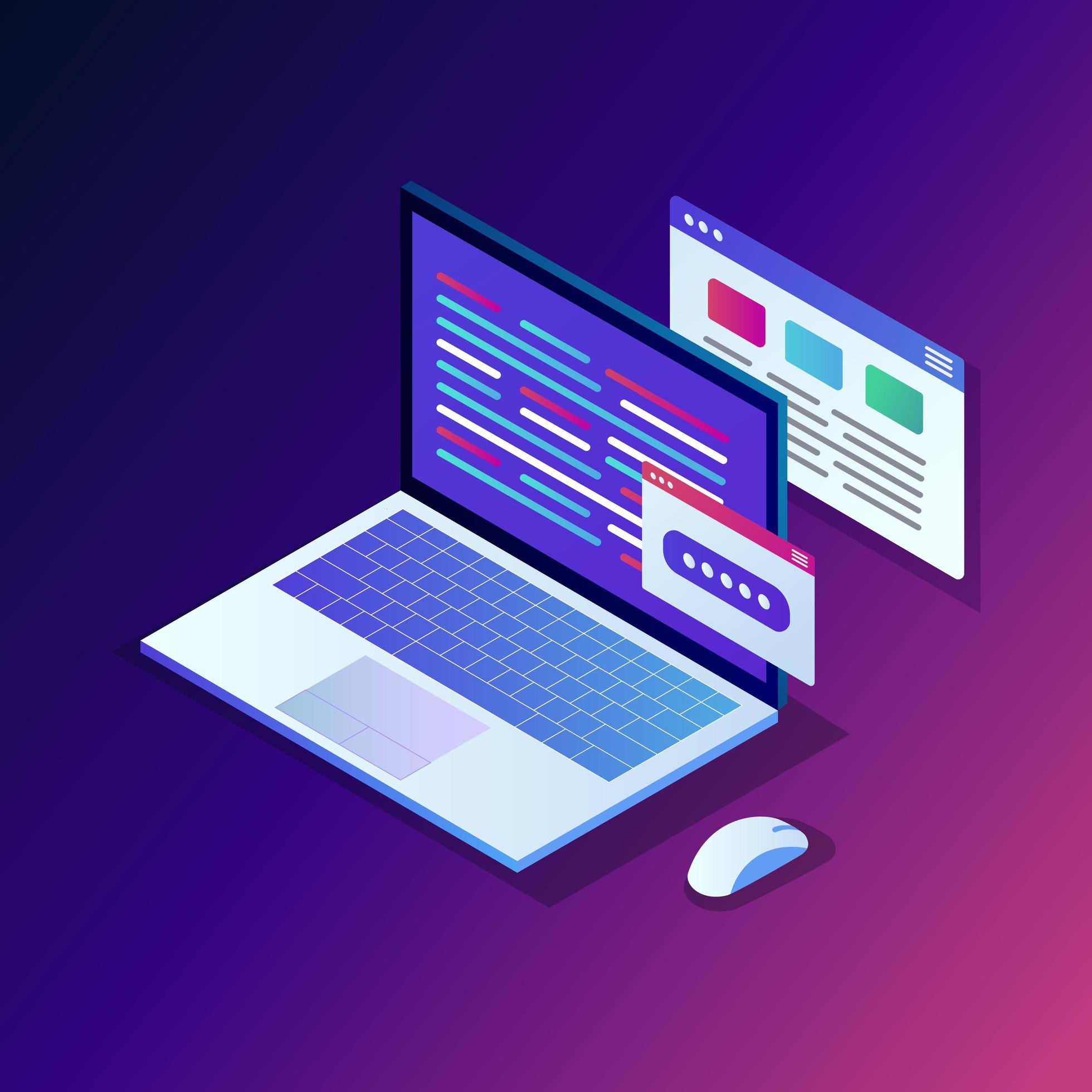 Working process. 3d isometric office workplace with computer, laptop ...