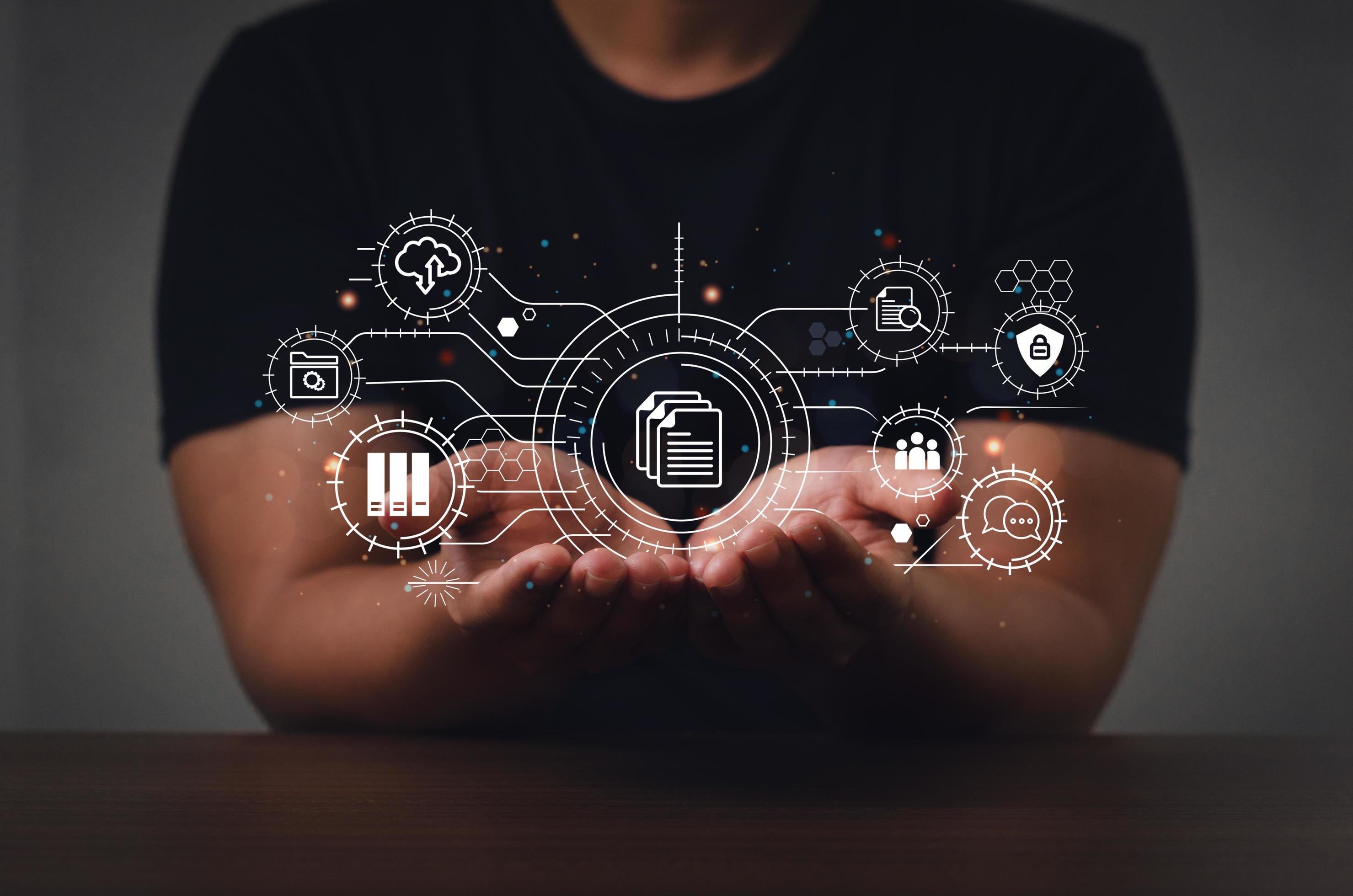 Businessman in document management concept. Analyze online document ...