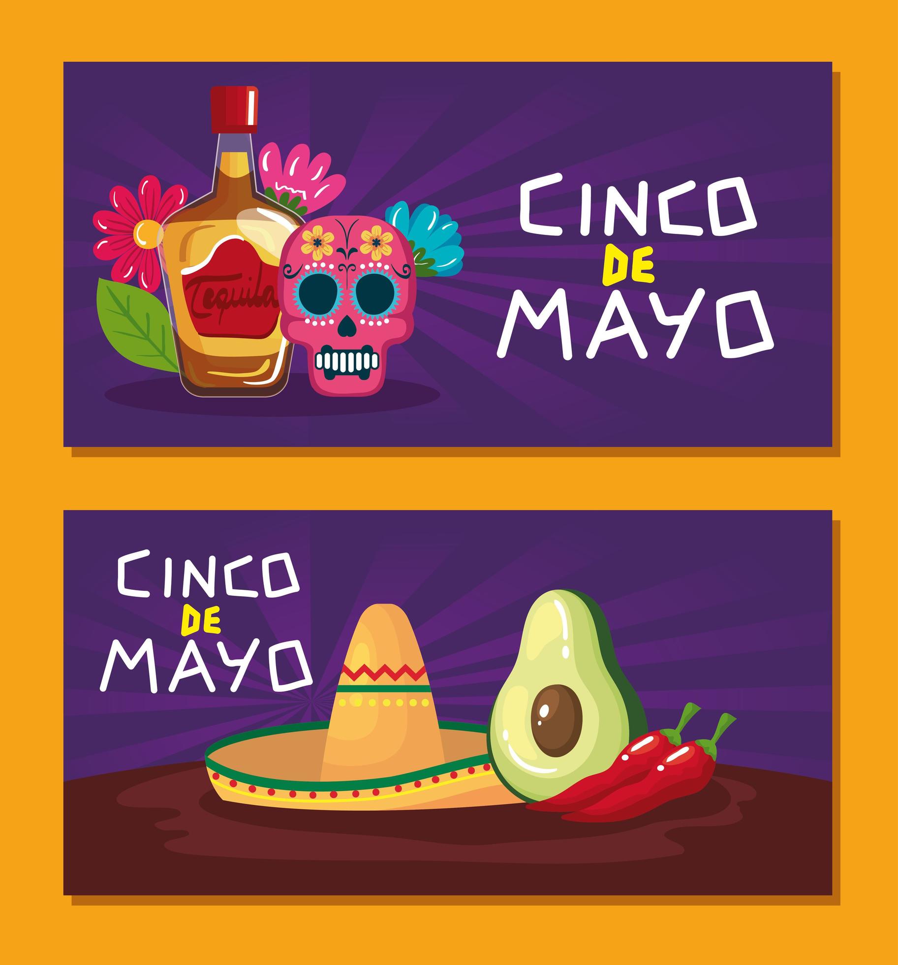 Mexican tequila bottle skull hat avocado and chillis of Cinco de mayo ...