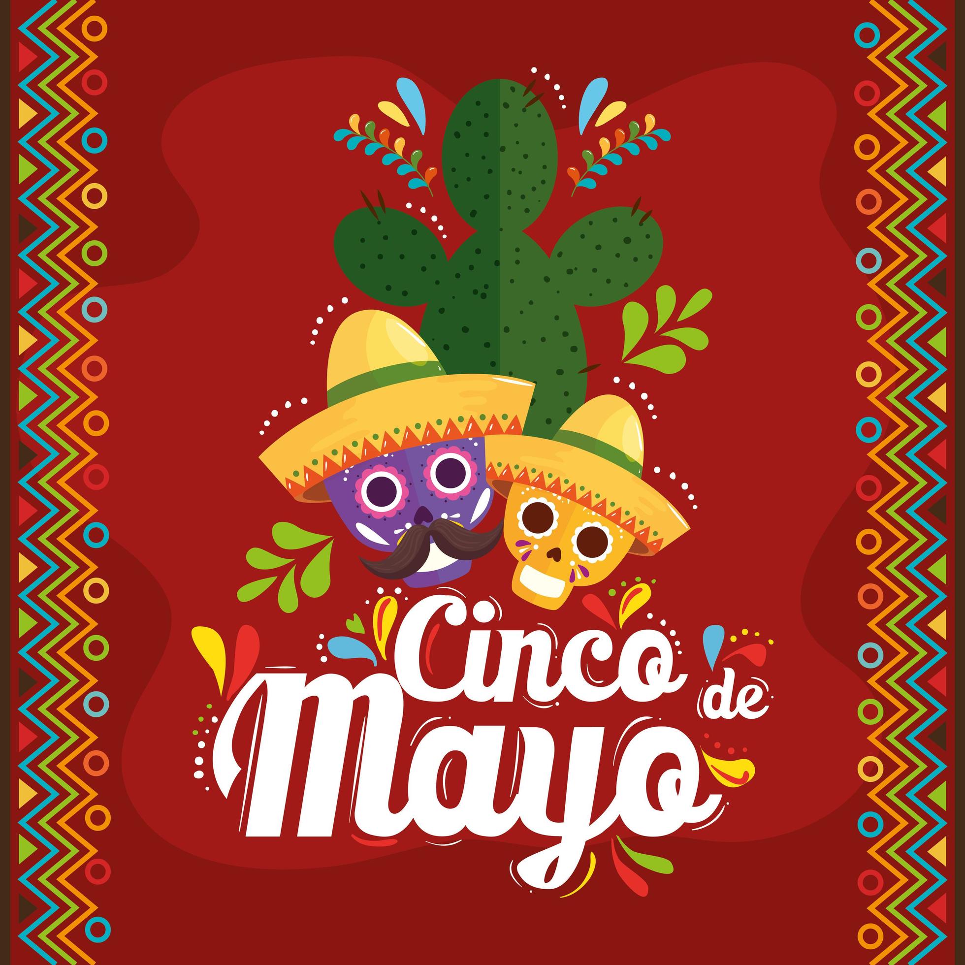 Mexican skulls with hats and cactus of Cinco de mayo vector design ...