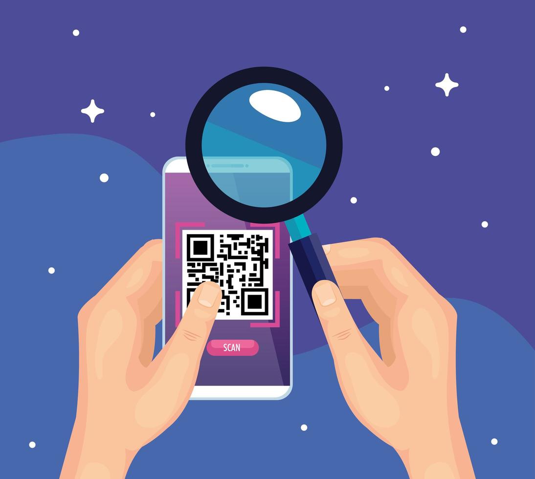 Hands Using Smartphone With Scan Code Qr And Magnifying Glass 4832863 Vector Art At Vecteezy