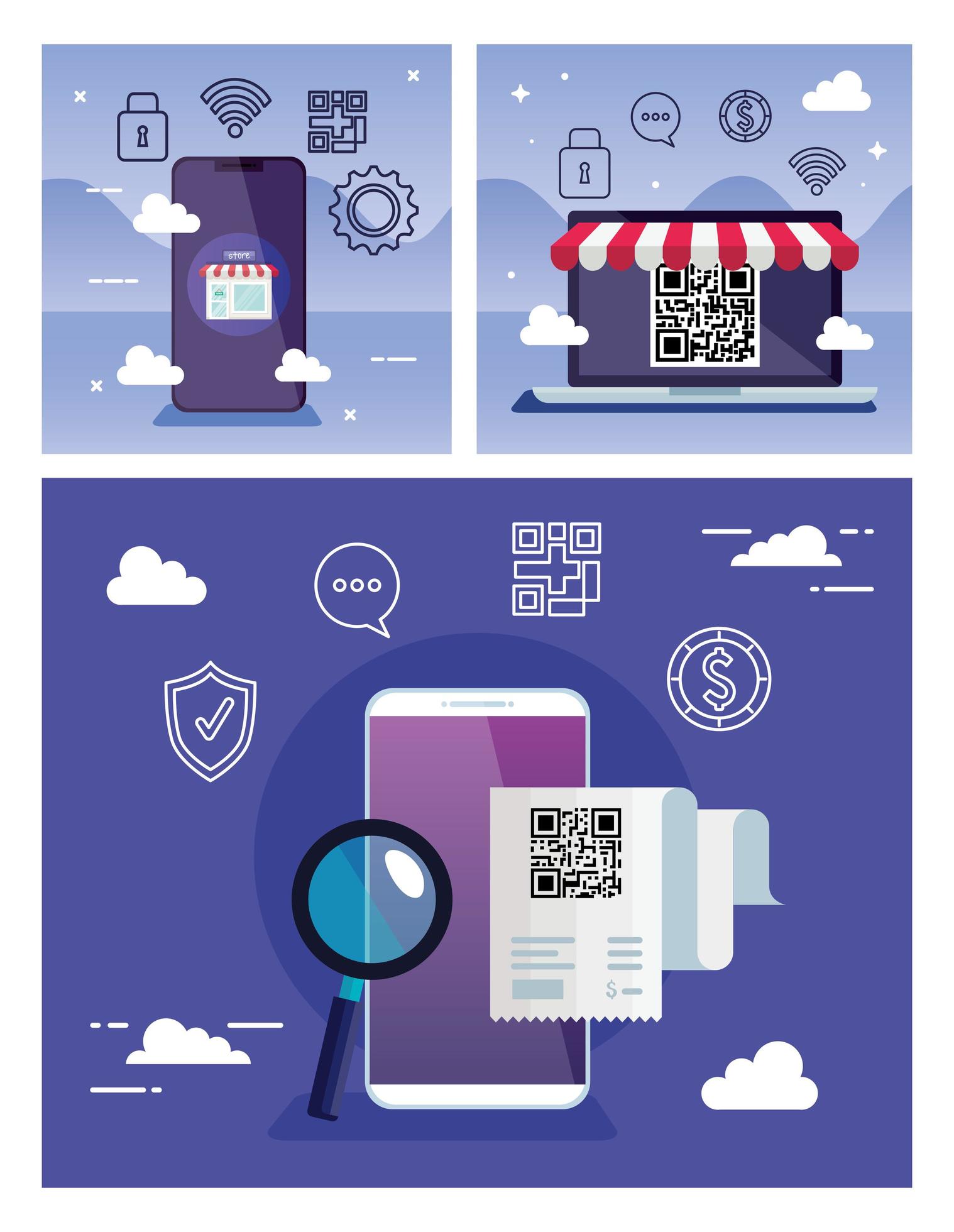 set poster of scan code qr with icons 4833582 Vector Art at Vecteezy