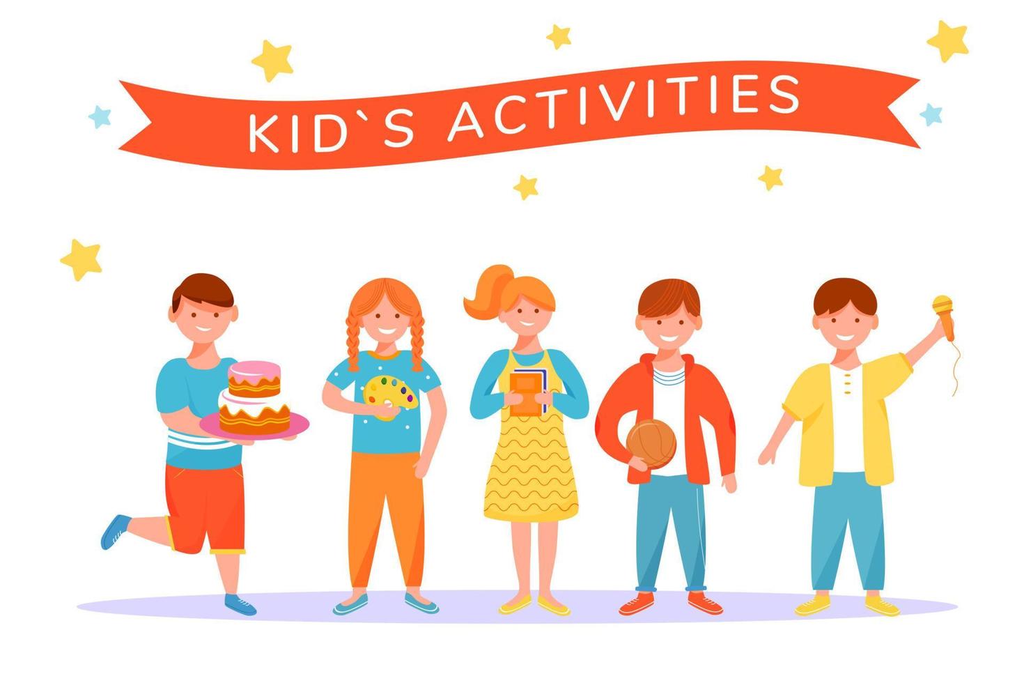 Kids activities flat vector illustration. Children entertainment and ...