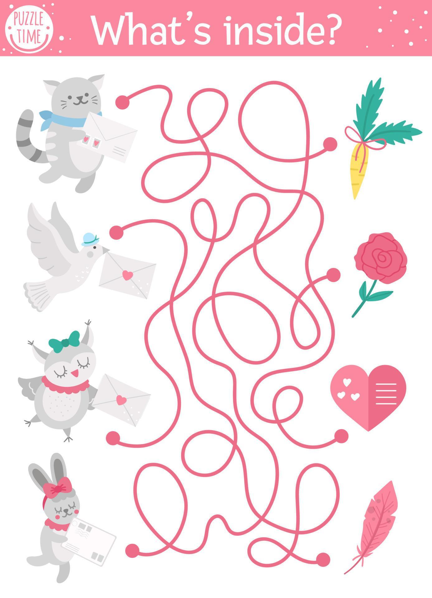 Saint Valentine day maze for children. Holiday preschool printable ...
