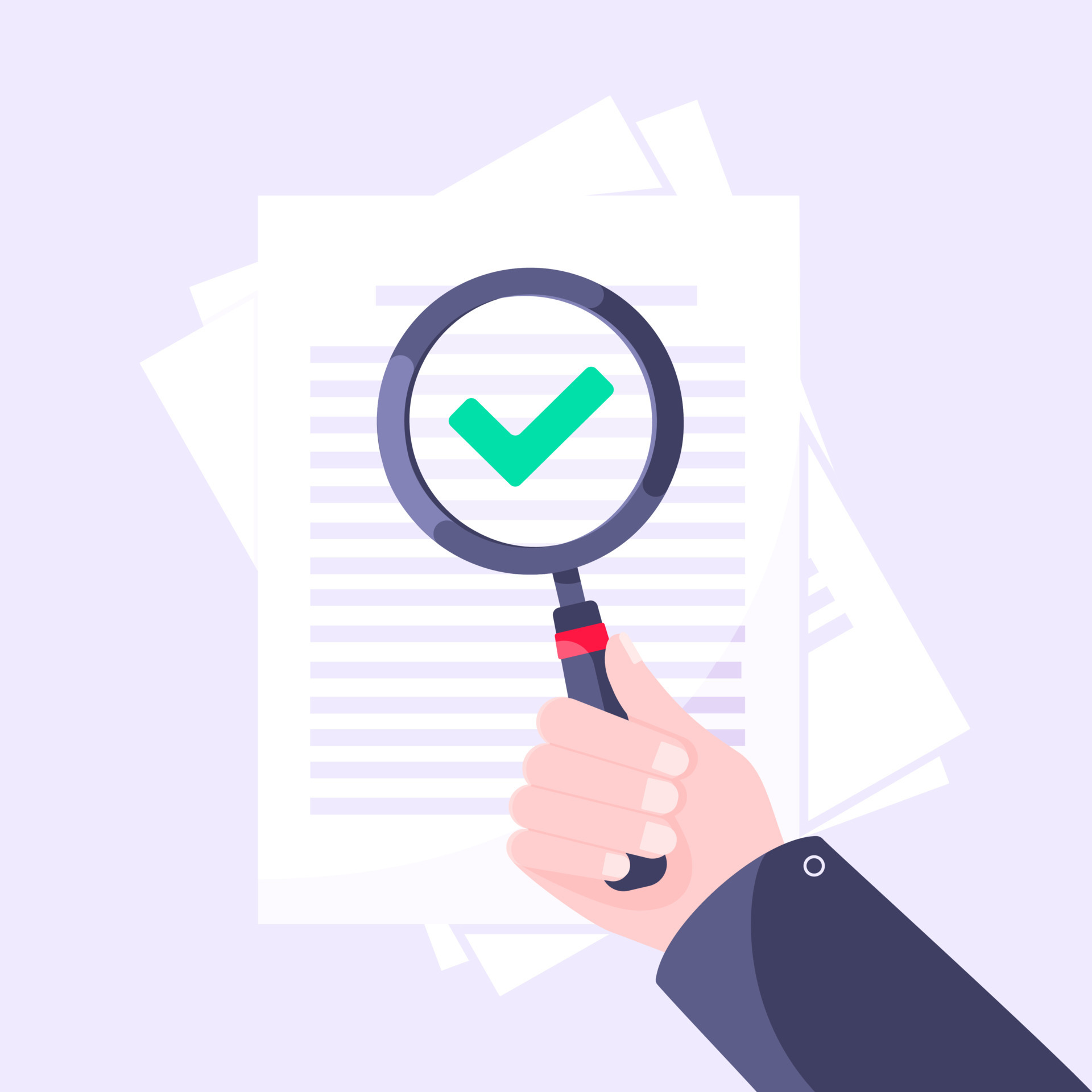 Document verification concept with hand and magnifier, paper sheets and ...