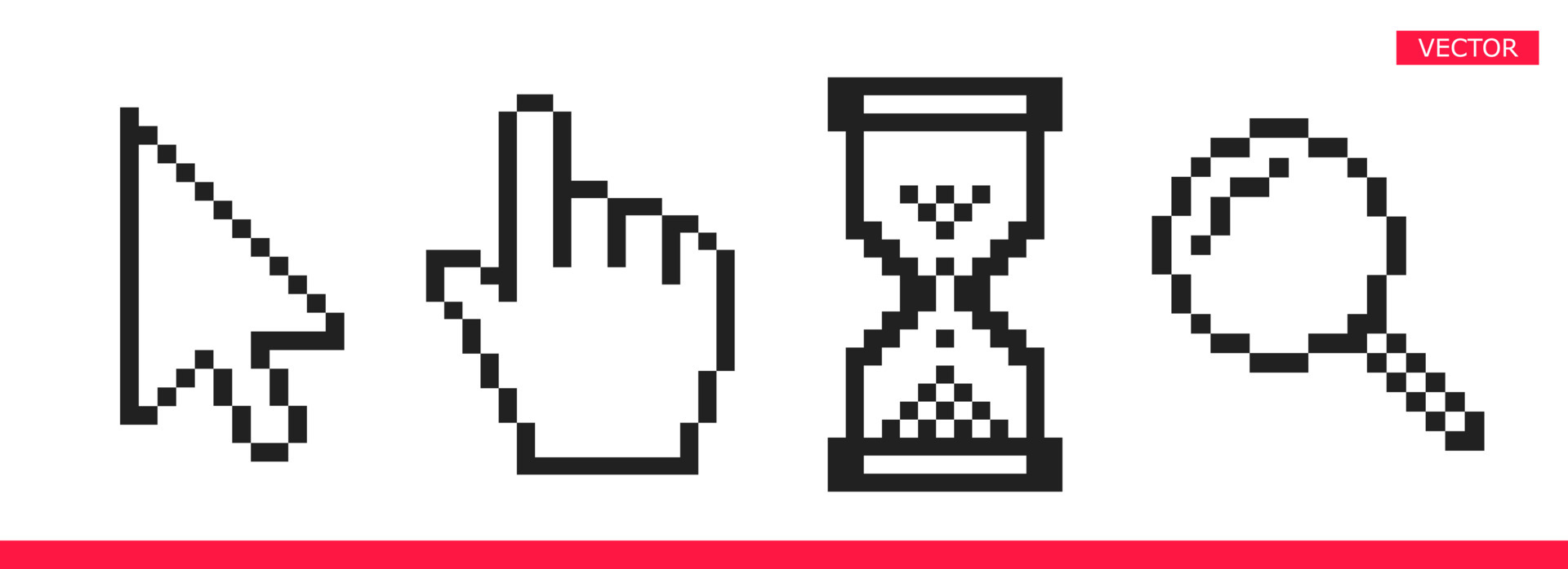 Black And White Arrow Hand Magnifierand Hourglass Pixel Mouse Cursor Icons Vector Illustration