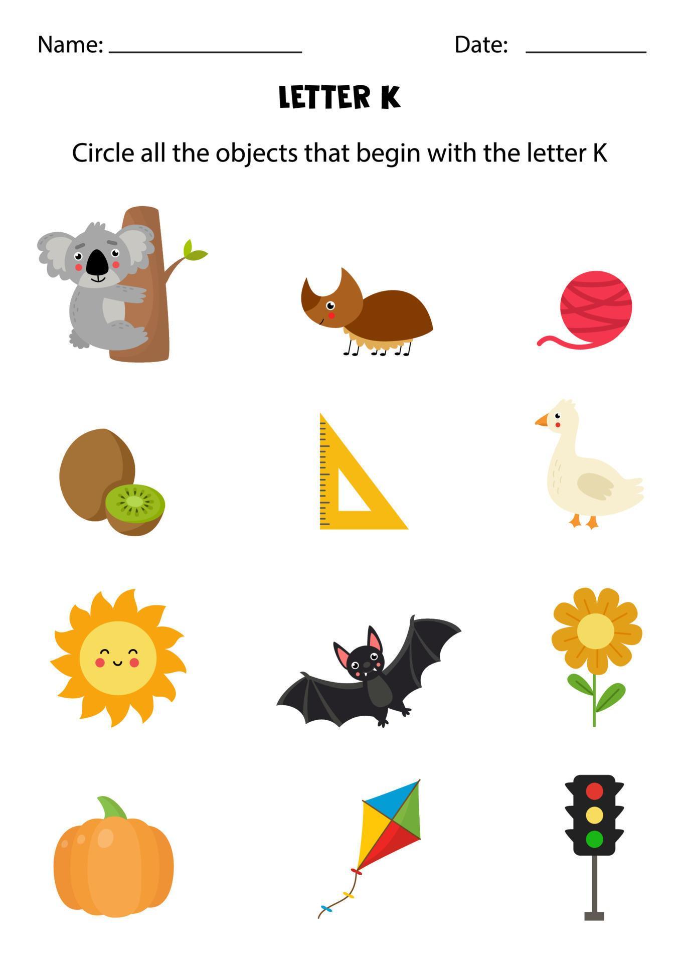 Letter recognition for kids. Circle all objects that start with K ...