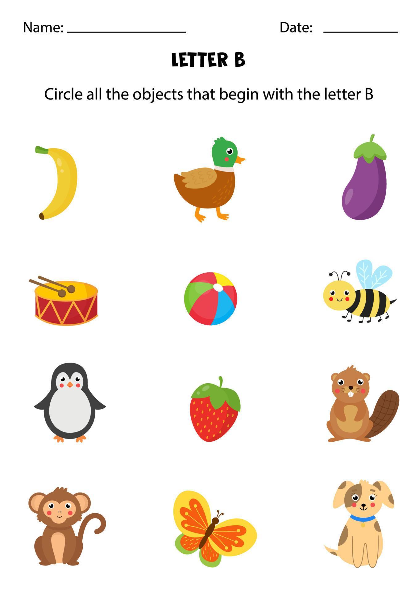Letter recognition for kids. Circle all objects that start with B ...