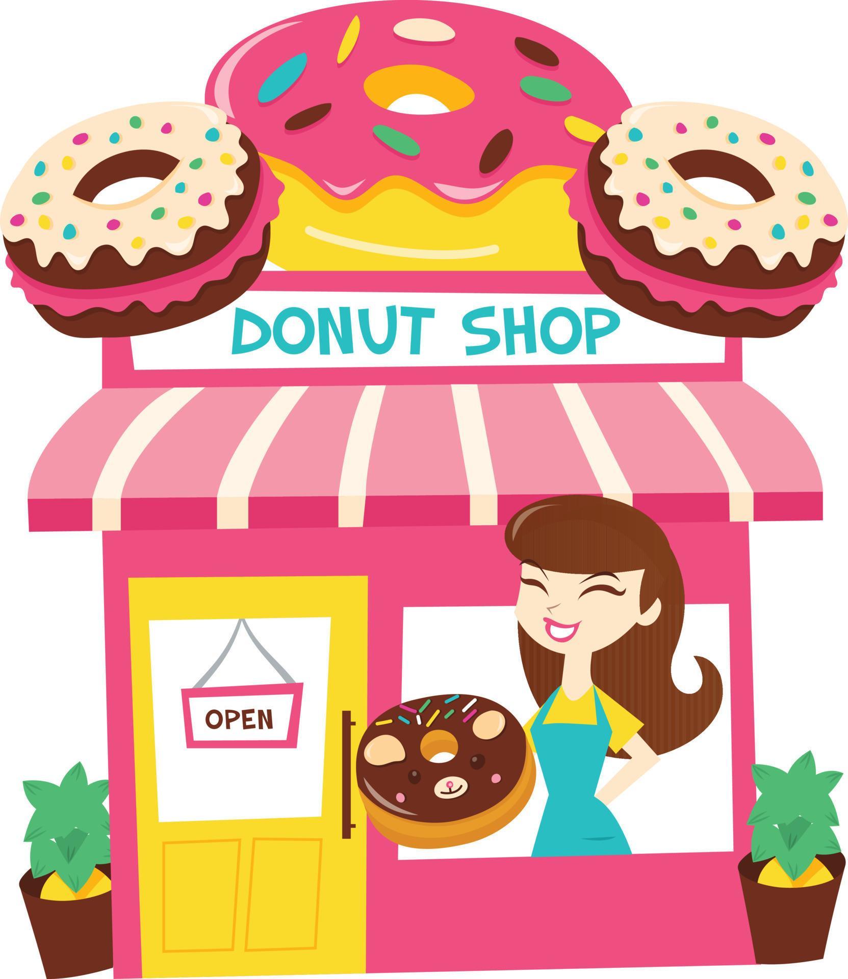 Cartoon Donut Shop With Storekeeper At The Window 4863127 Vector Art At Vecteezy