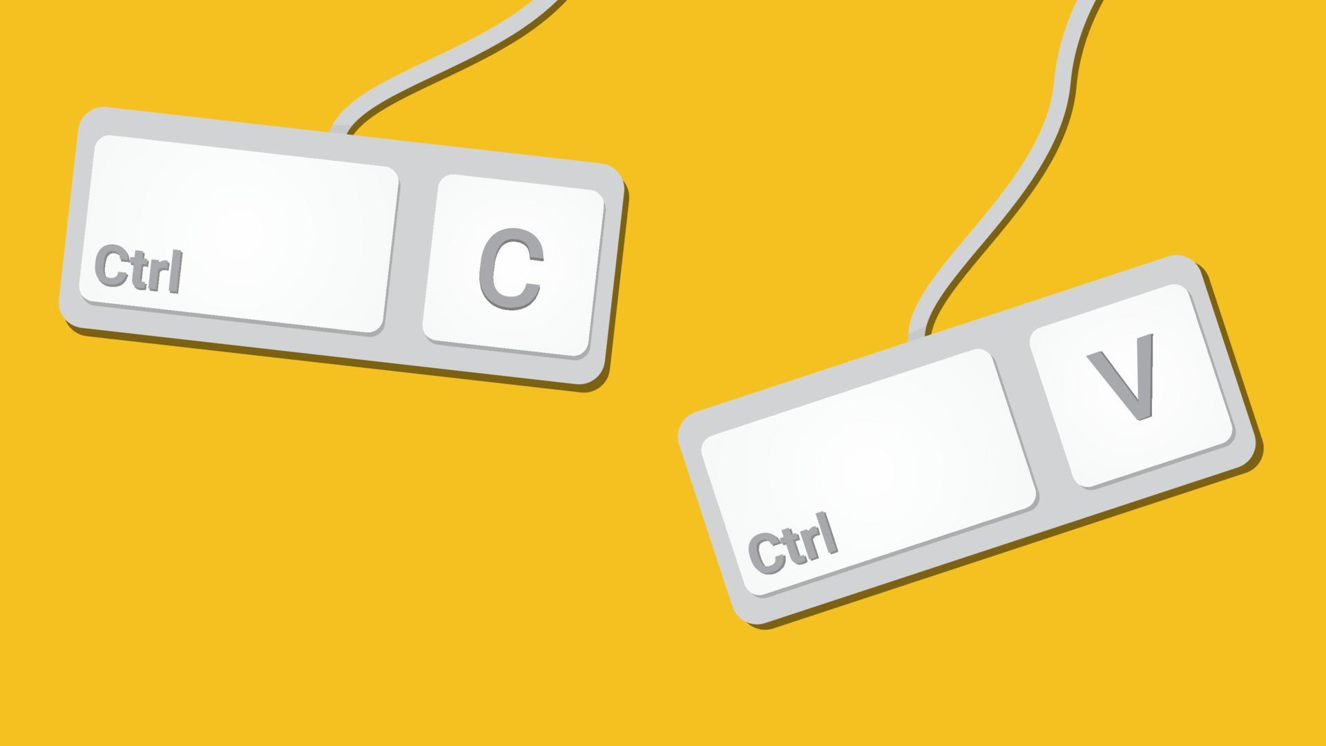 keyboard keys Ctrl C and Ctrl V, copy and paste the key shortcuts. Computer icon on yellow ...