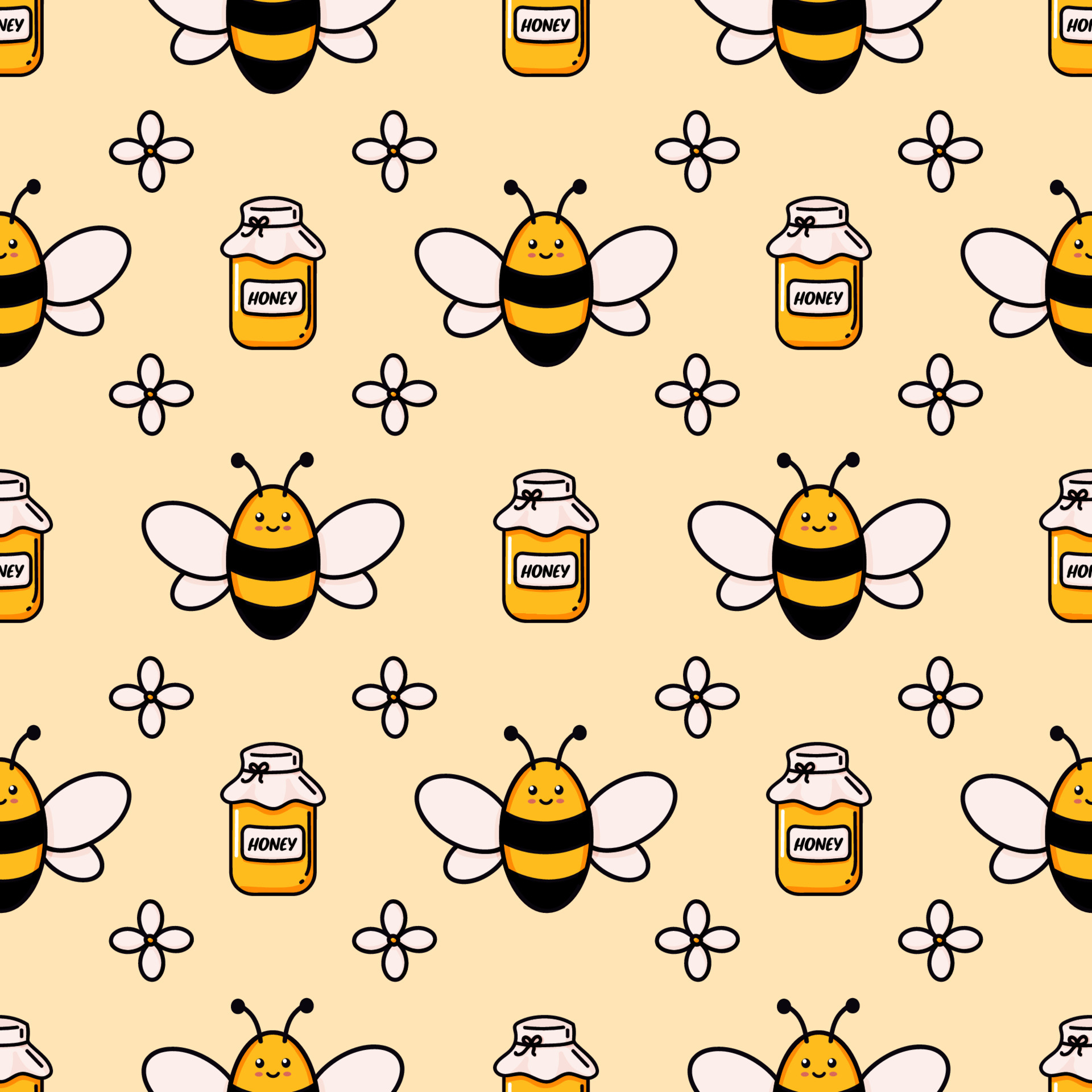 Cute honey bee seamless pattern. Vector doodle cartoon beehive, flowers ...