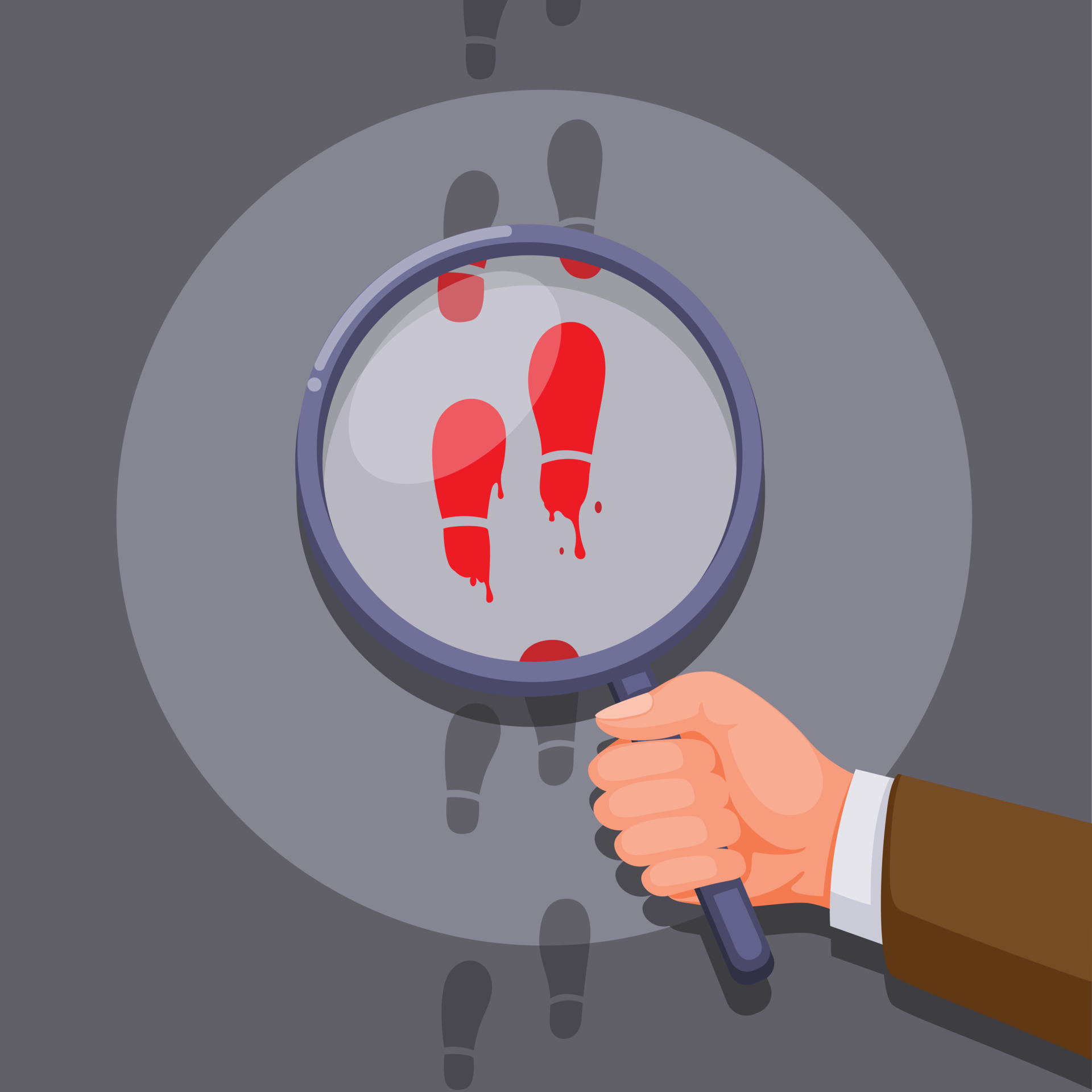 Detective Hand With Magnifier Glass Find Clue On Foot Print Criminal