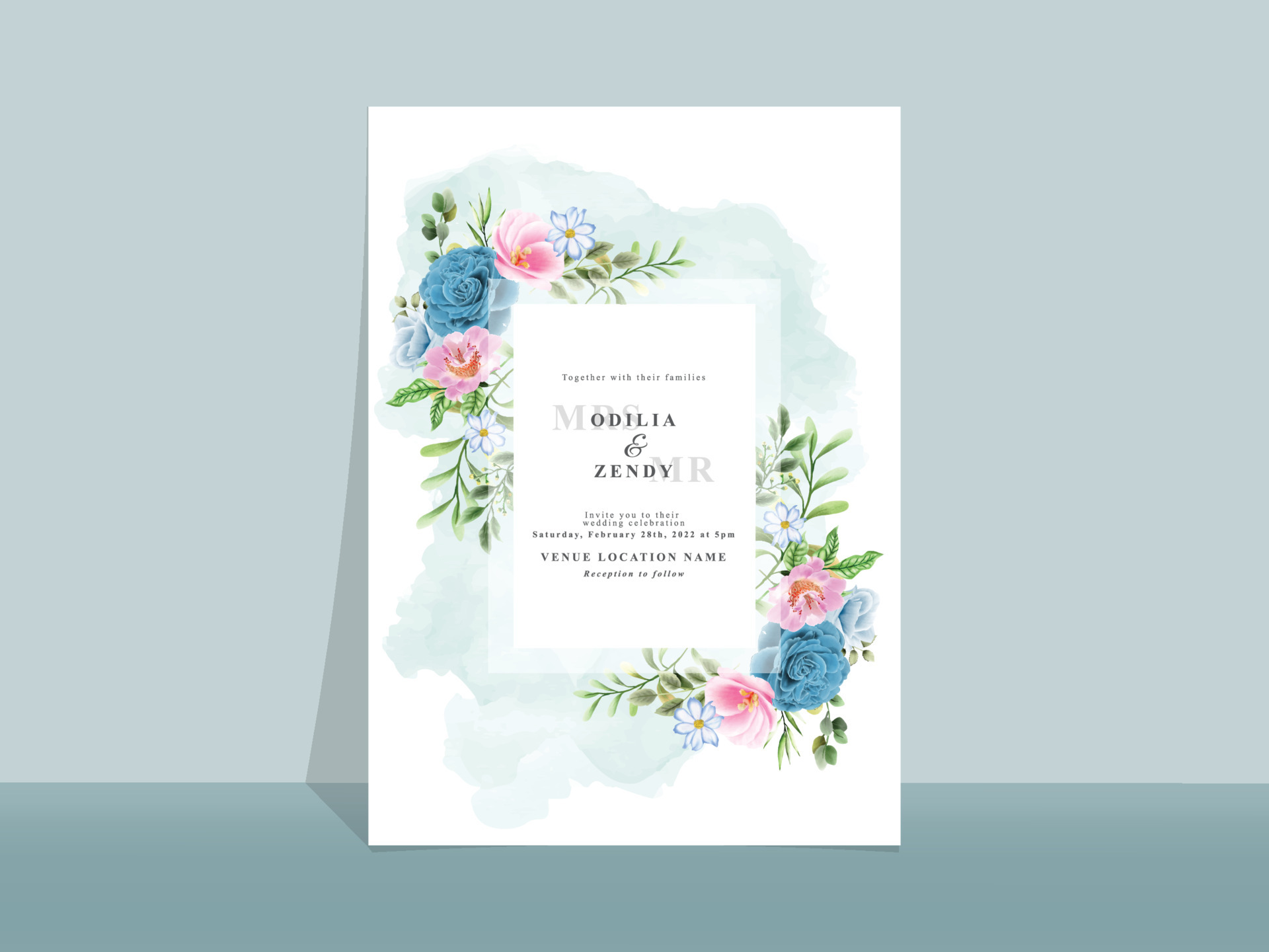 Beautiful blue and pink flowers wedding invitation card 4889573 Vector ...