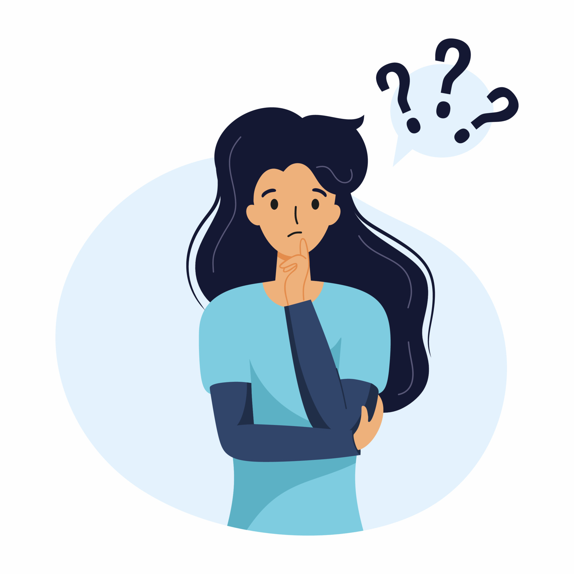 Young woman in search of solution to problem. Girl ponders question ...