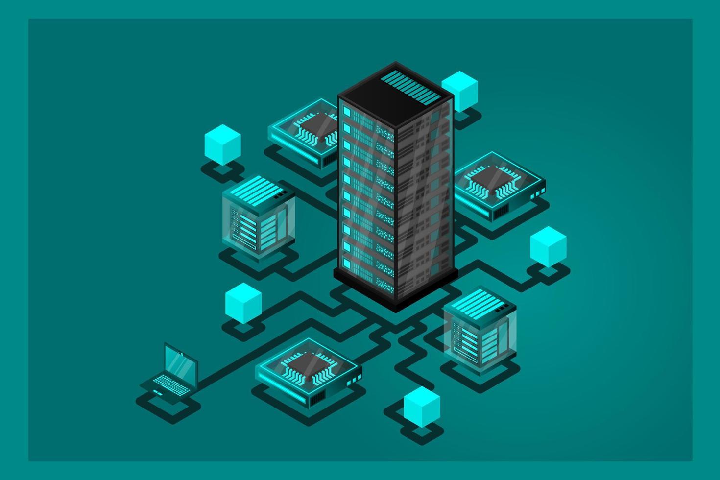 Concept of data network management .Vector isometric map with business networking servers ...