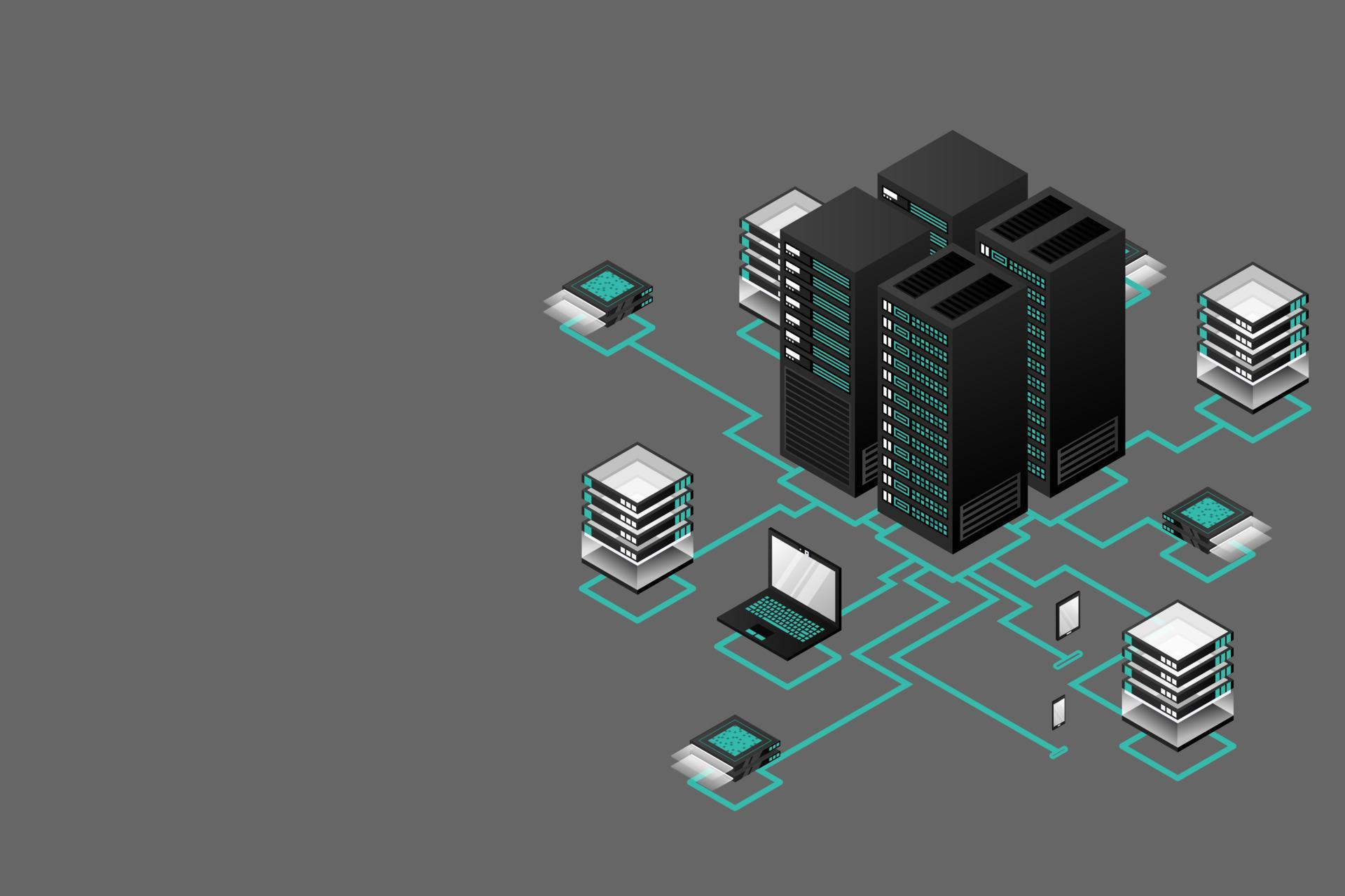 Concept of data network management .Vector isometric map with business networking servers ...