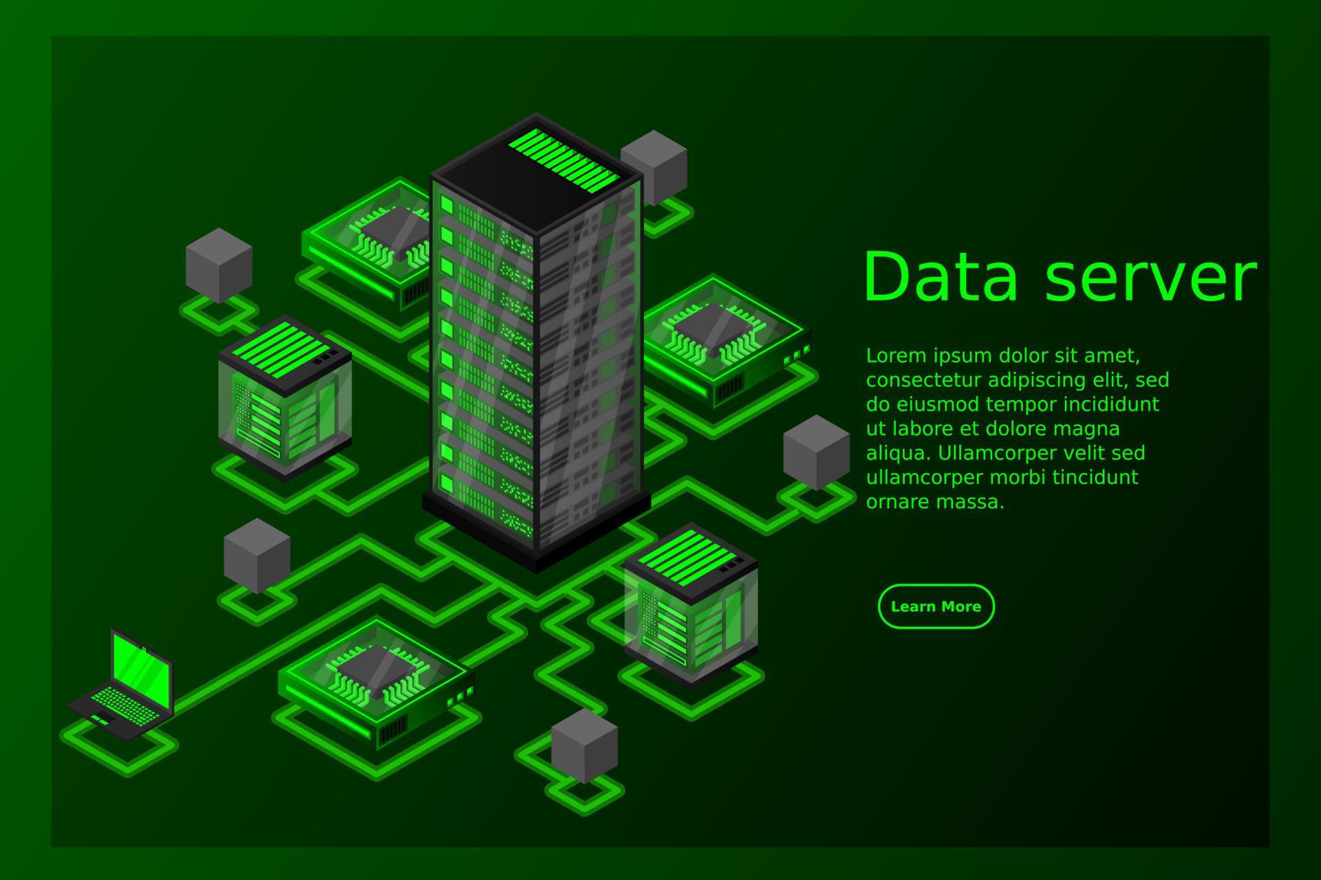 Concept of data network management .Vector isometric map with business networking servers ...